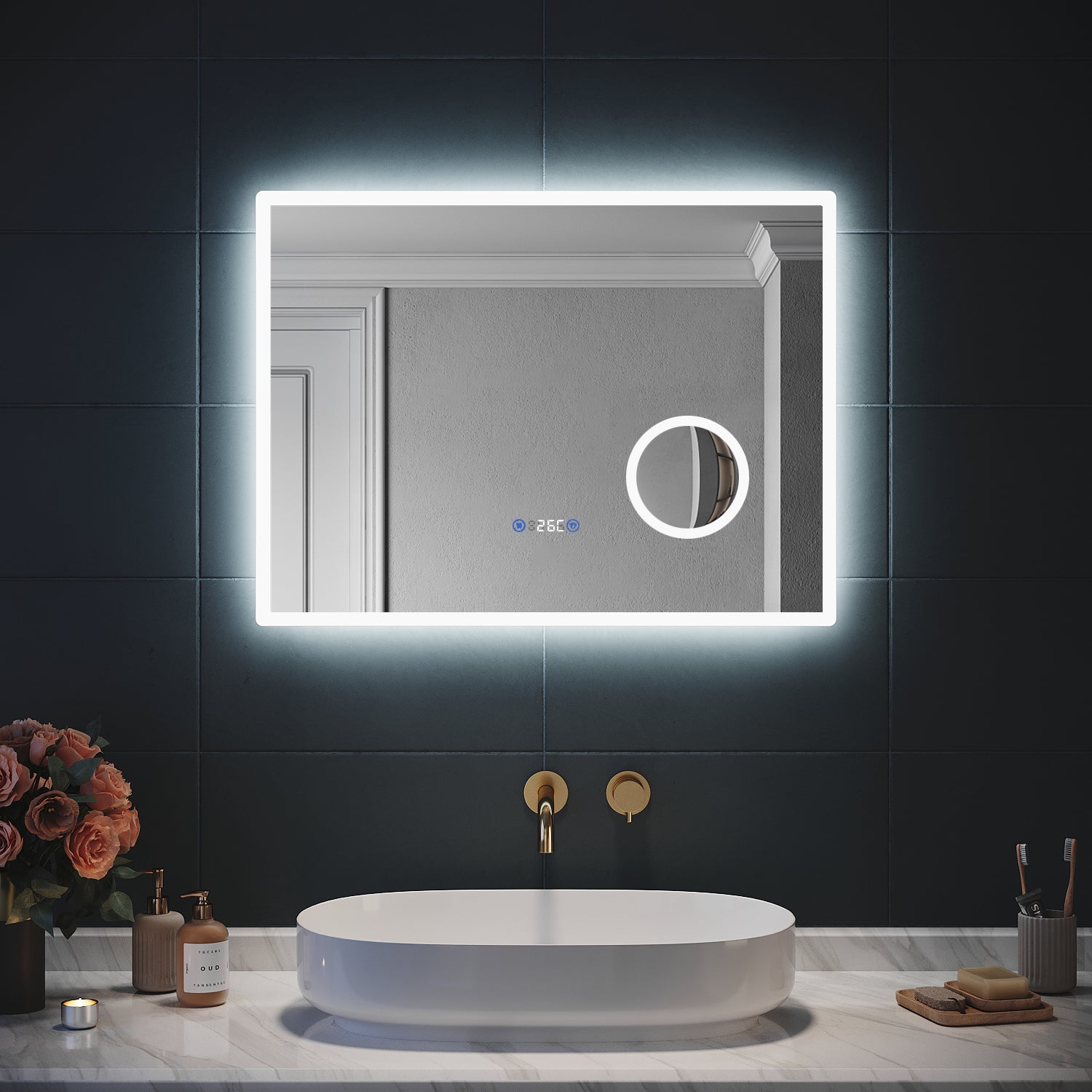 SIRHONA Espejo de baño LED de 3 aumentos con iluminación, Espejo con ...