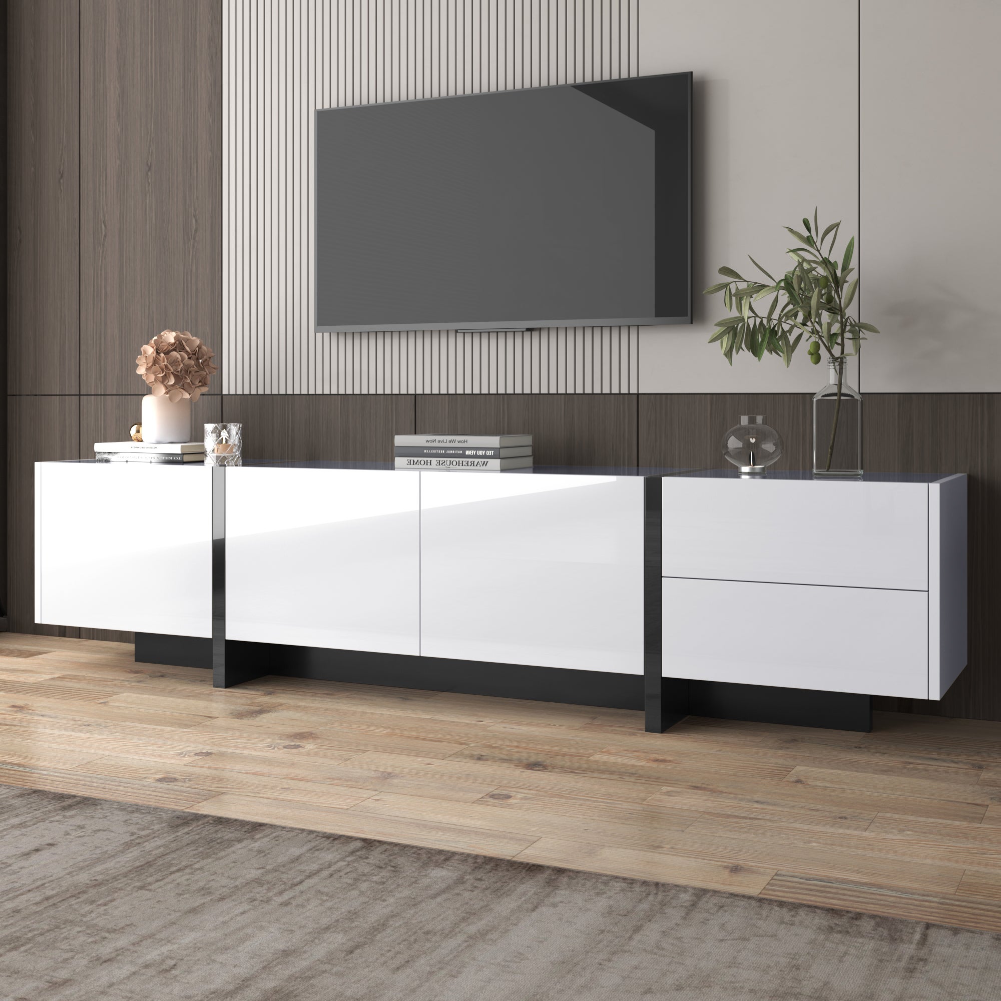 Mueble TV moderno de 190 cm con 3 puertas y 2 cajones - Blanco ...