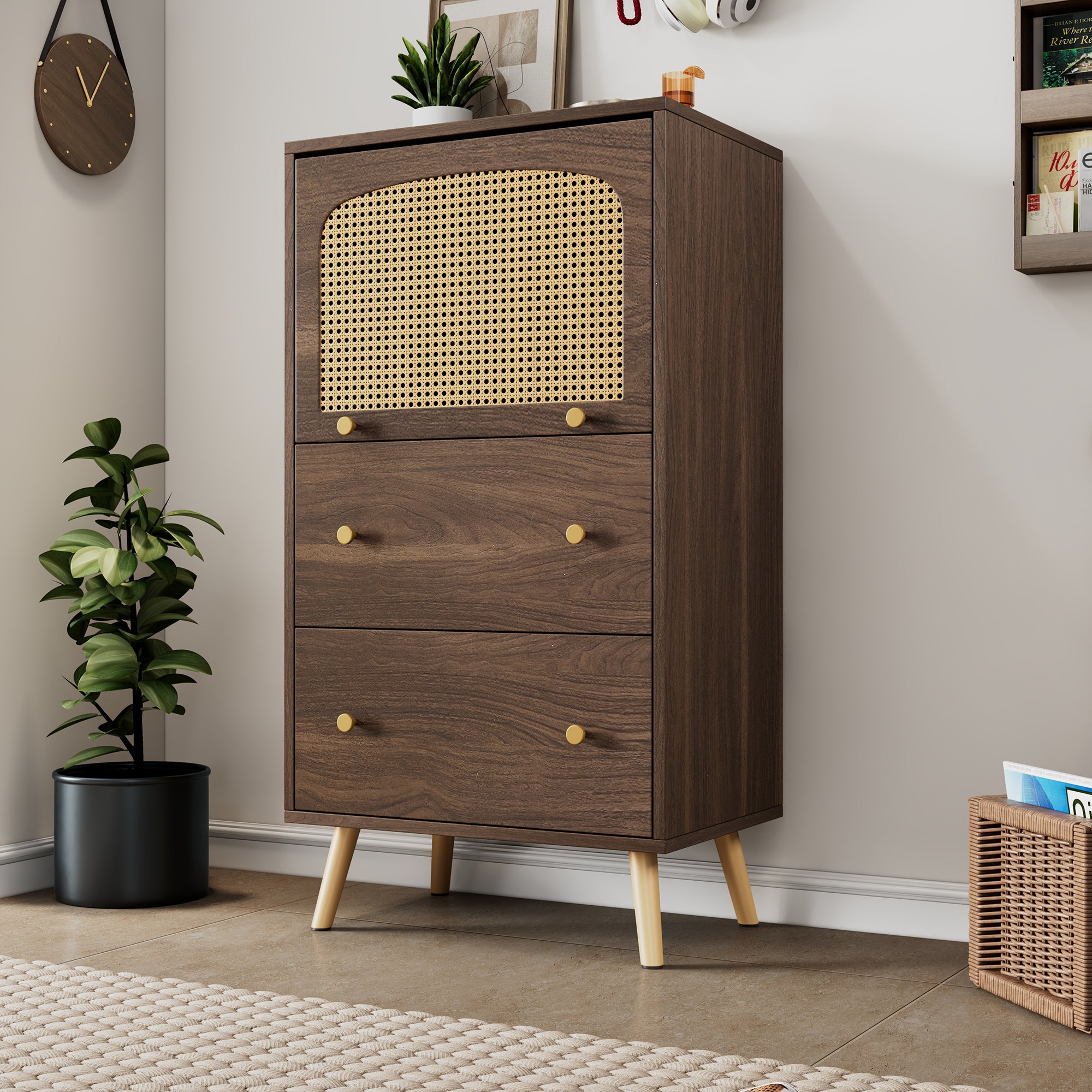 Armoire compacte en noyer avec détails en rotin, deux tiroirs, porte ...