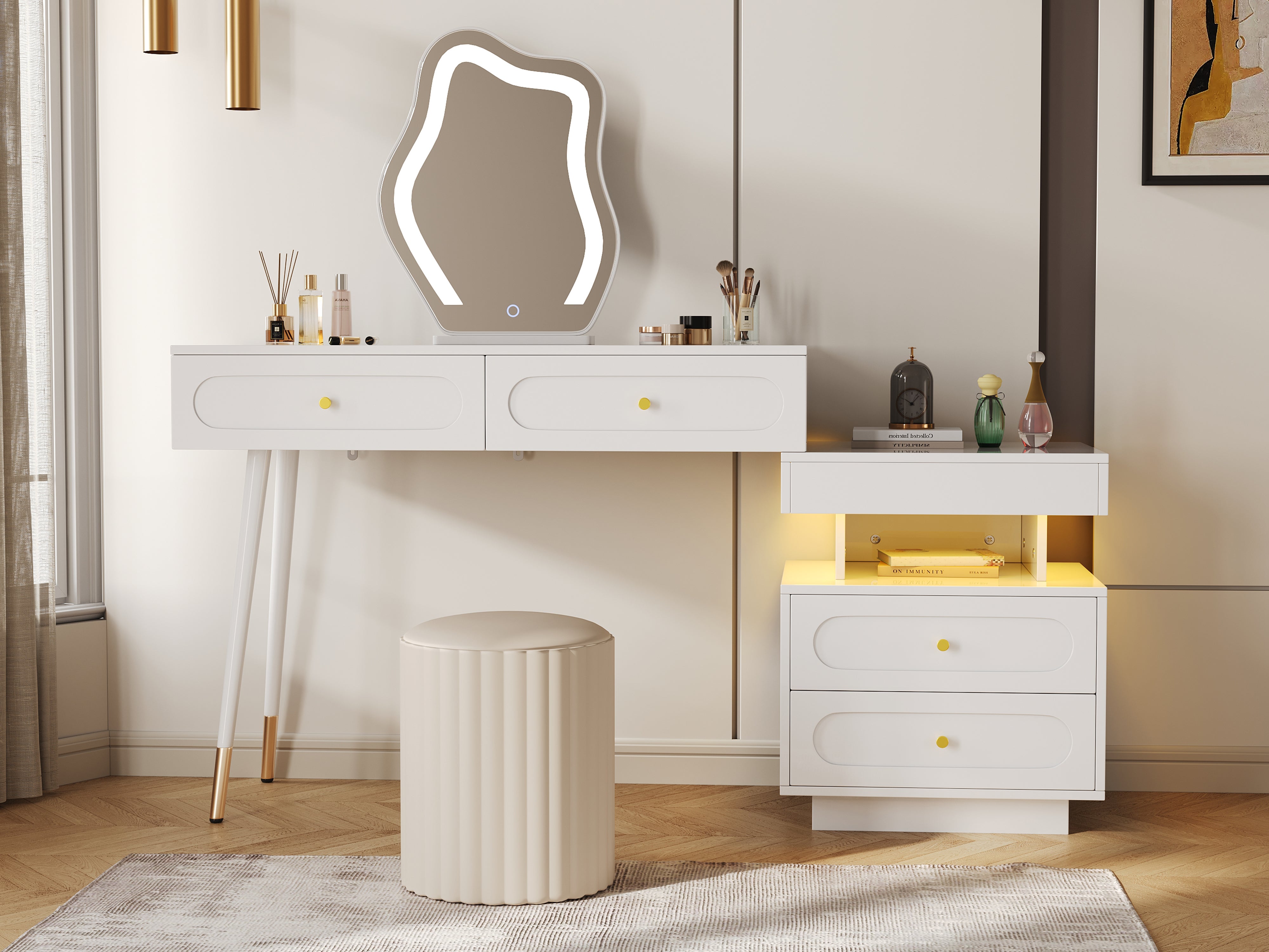 Ensemble coiffeuse avec miroir LED et éclairage, blanc, dimensions ...