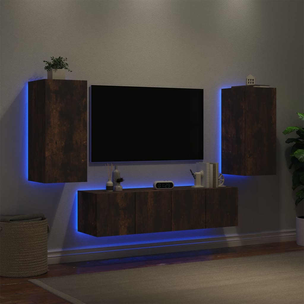 Muebles TV pared con LED 4 pzas madera ingeniería roble ahumado | Leroy ...