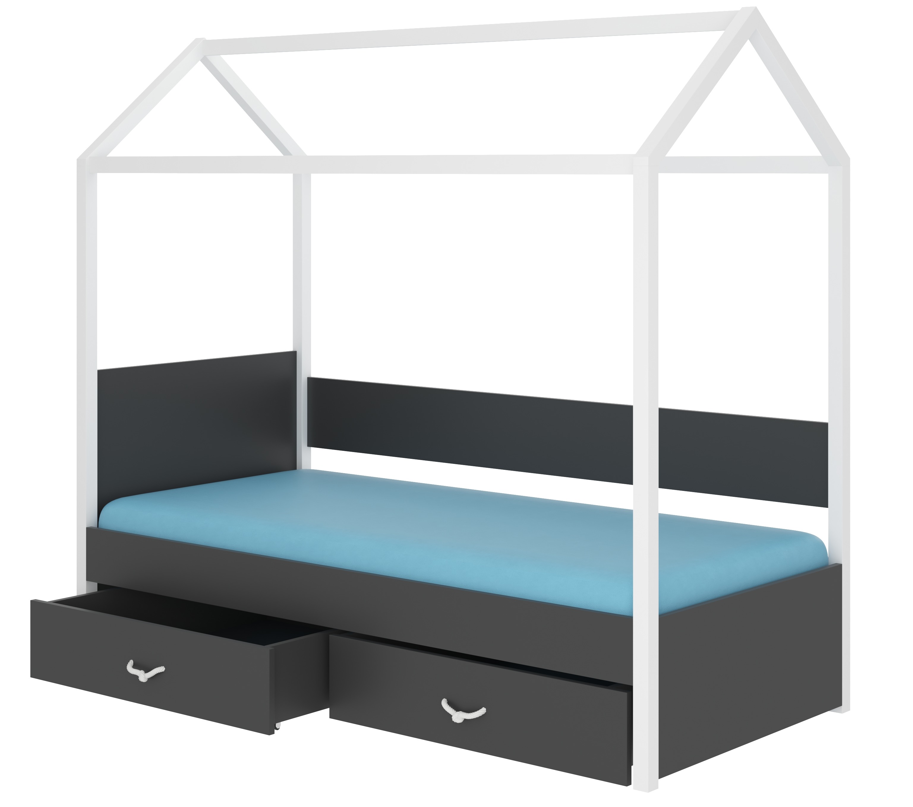 Lit enfant cabane bois pin blanc et gris graphite 90x200 avec 2 tiroirs ...