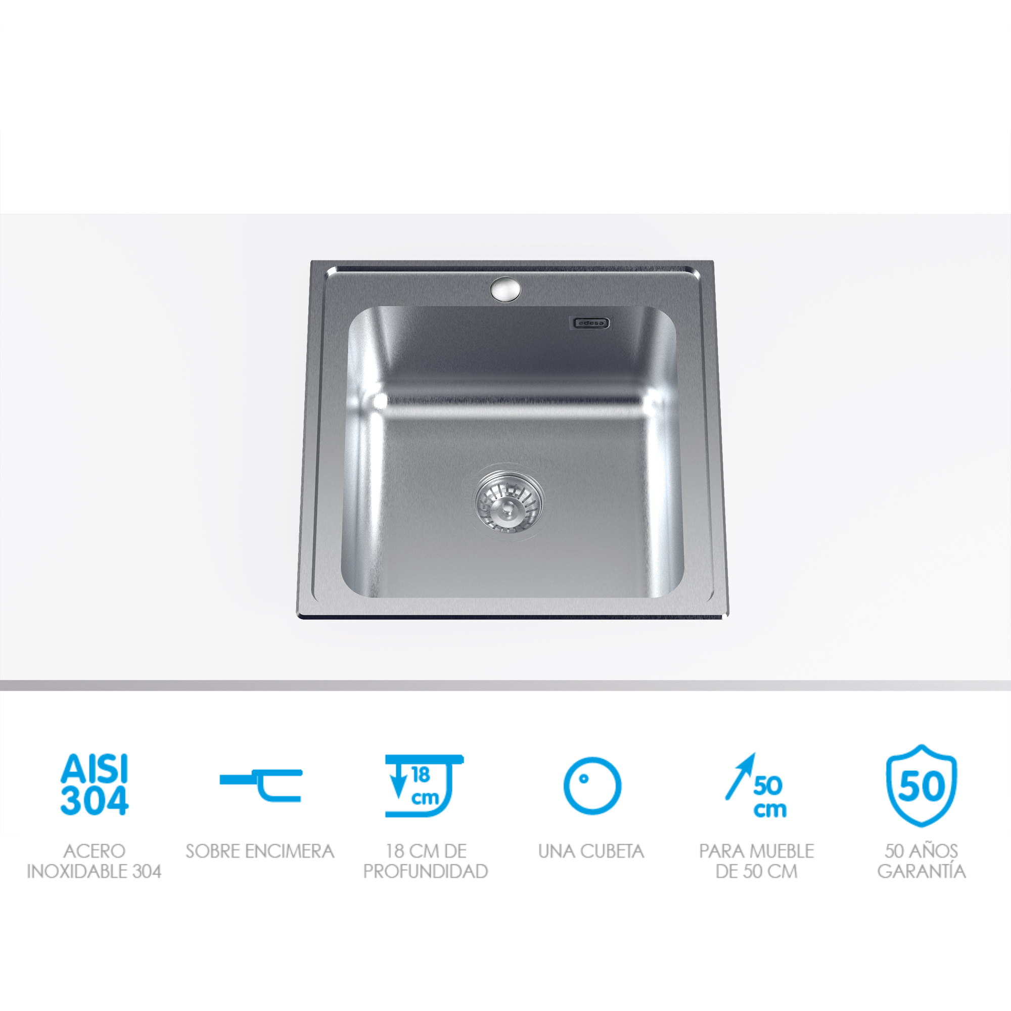 Fregadero 1 seno de acero inox cuadrado Edesa 50 x 50 cm Modelo Veleta ...