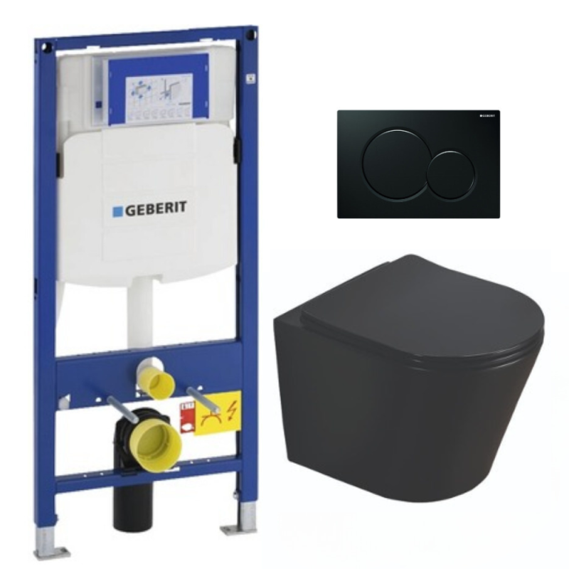 Pack WC Bati-support Geberit + WC Swiss Aqua Technologies Infinitio noir mat sans bride + Plaque ...