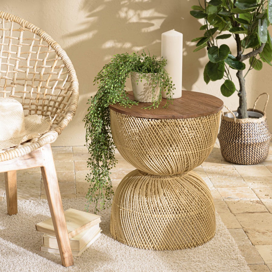 SIXTINE - Table d'appoint en rotin beige plateau en bois teck recyclé ...