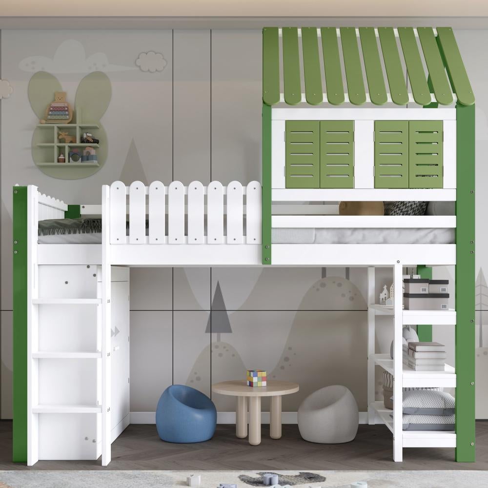 Letto a Soppalco Bambini con Sbarre di Sicurezza, Tetto e Finestre ...