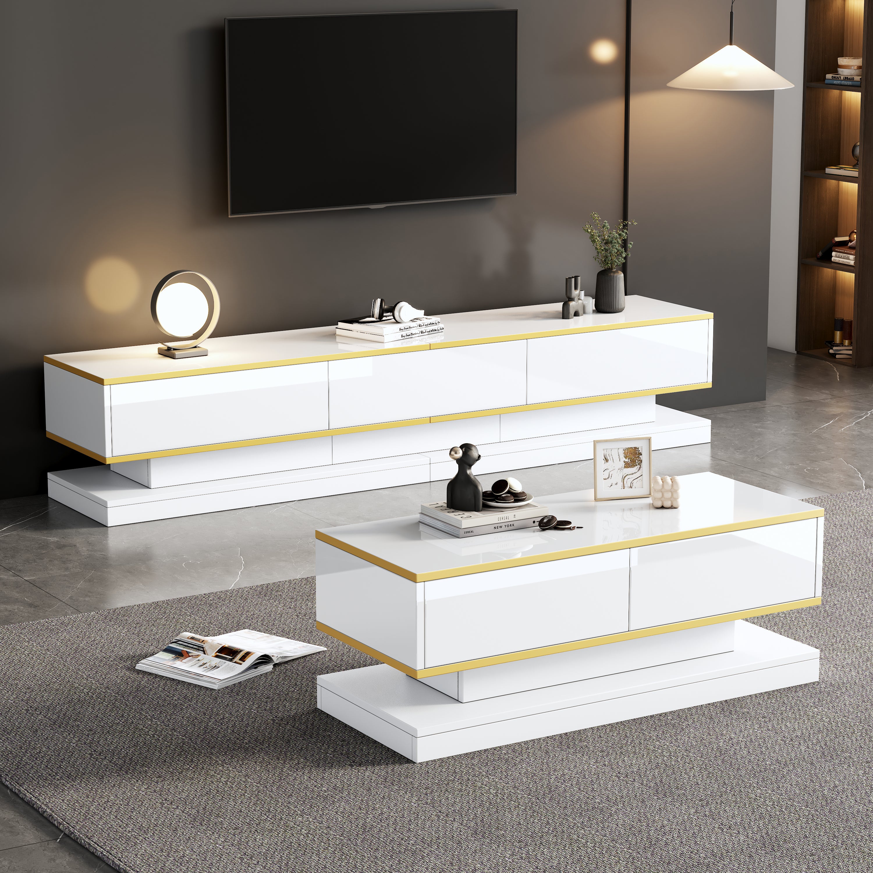 Ensemble meuble TV et table basse moderne - 200 x 40 x 40 cm - Panneau de particules - Blanc ...