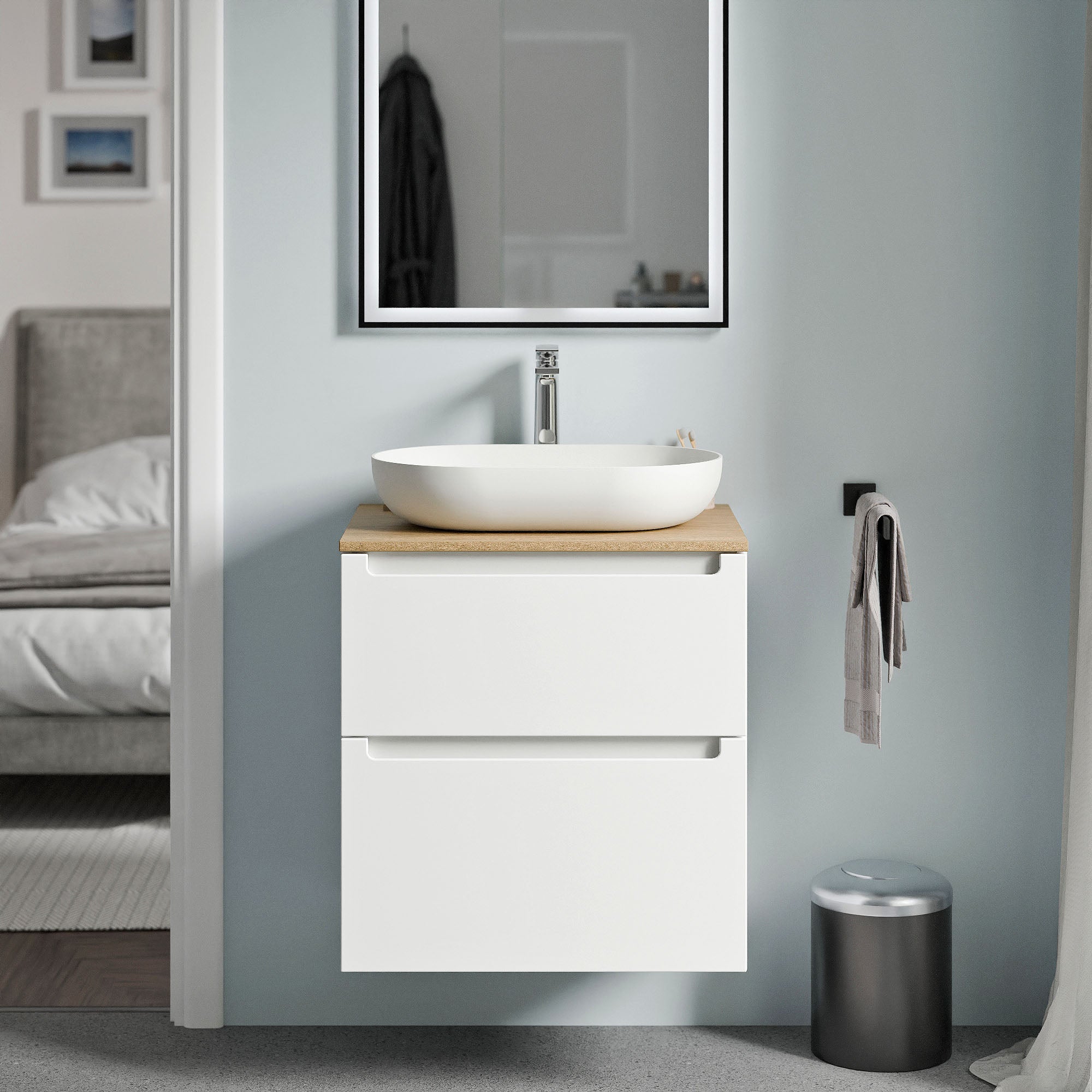 BERNSTEIN - Mueble lavabo suspendido MDF blanco mate, encimera de roble ...