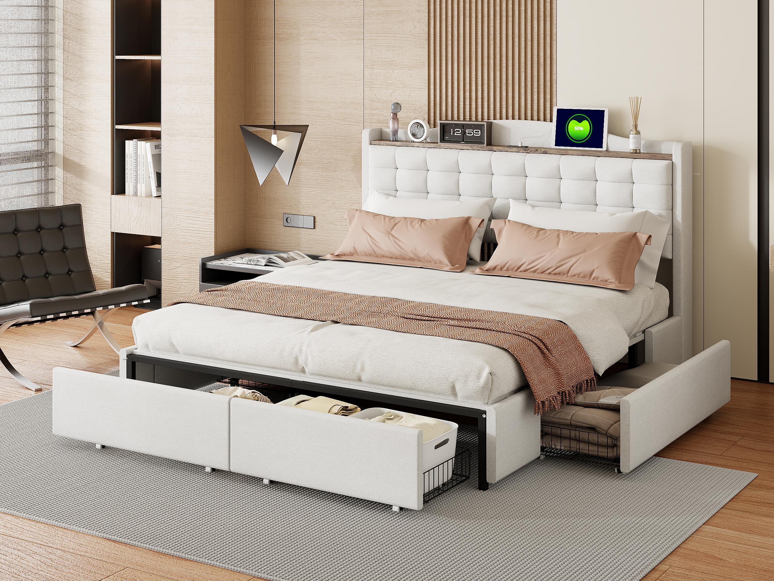 Letto adulto in lino 160x200 cm - con presa USB e 4 cassetti - rete a ...