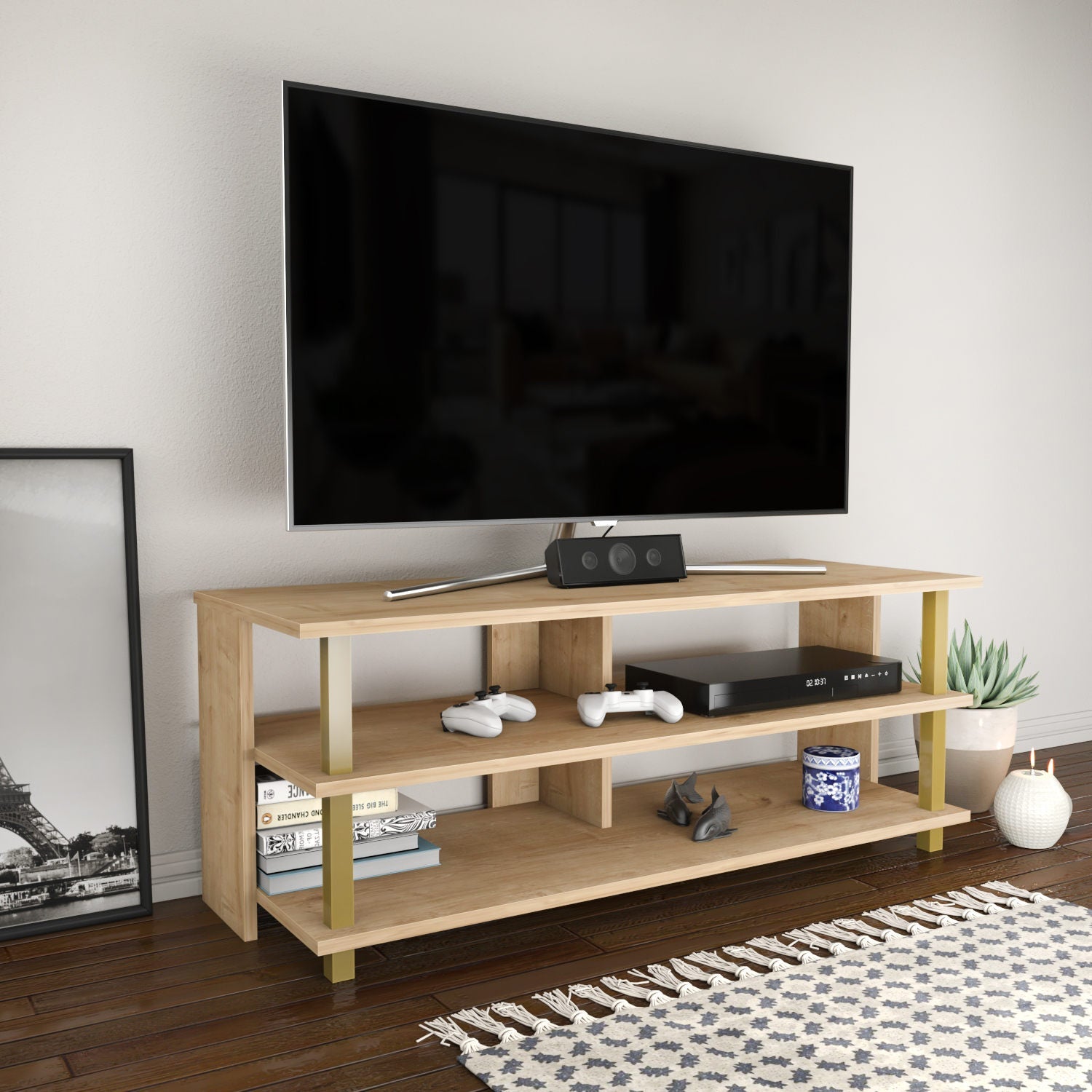 Meuble TV élégant en chêne et or, 120 x 44,6 x 47,4 cm | Panneau de ...