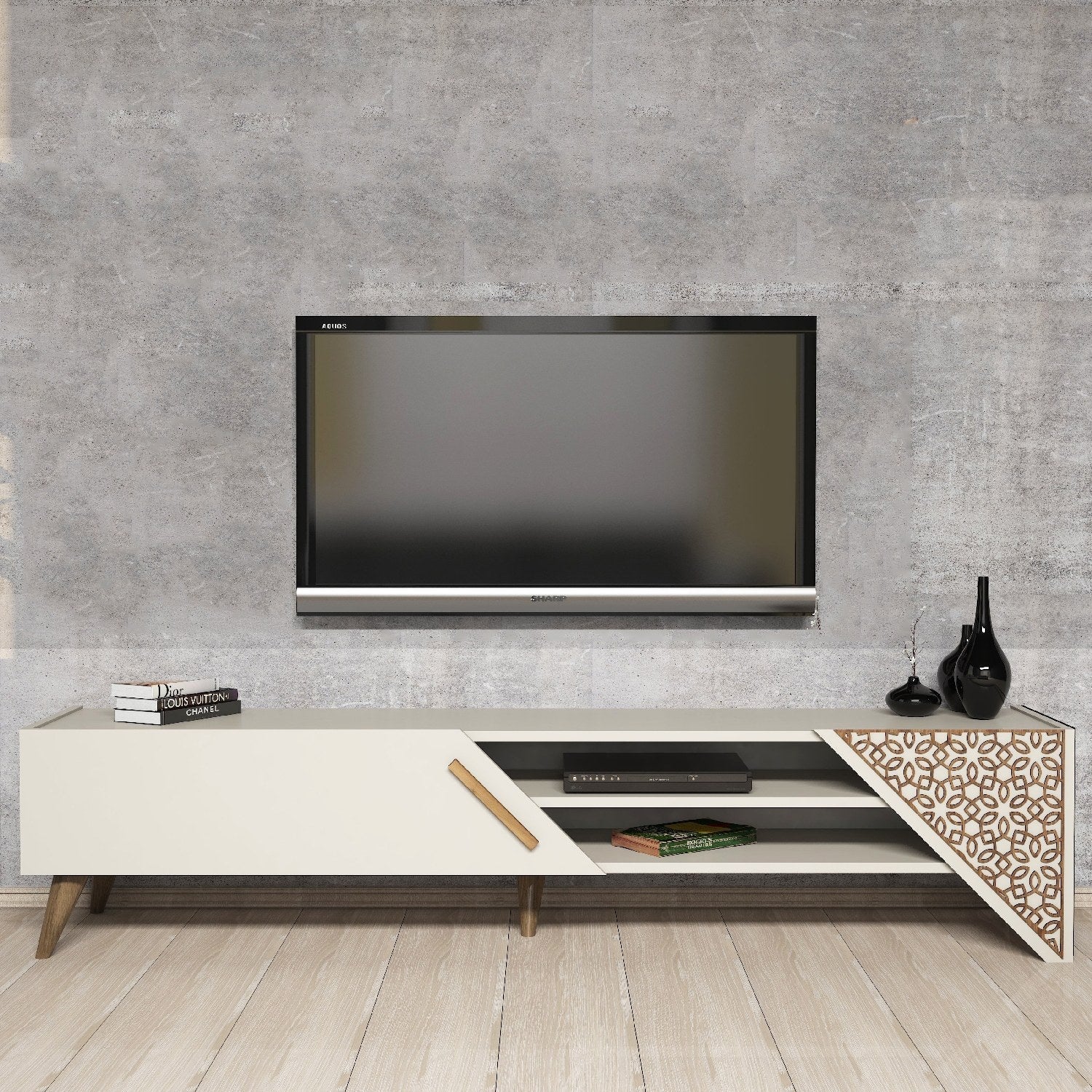 Meuble TV élégant couleur crème, 180 cm de large, 37 cm de haut, 40 cm ...