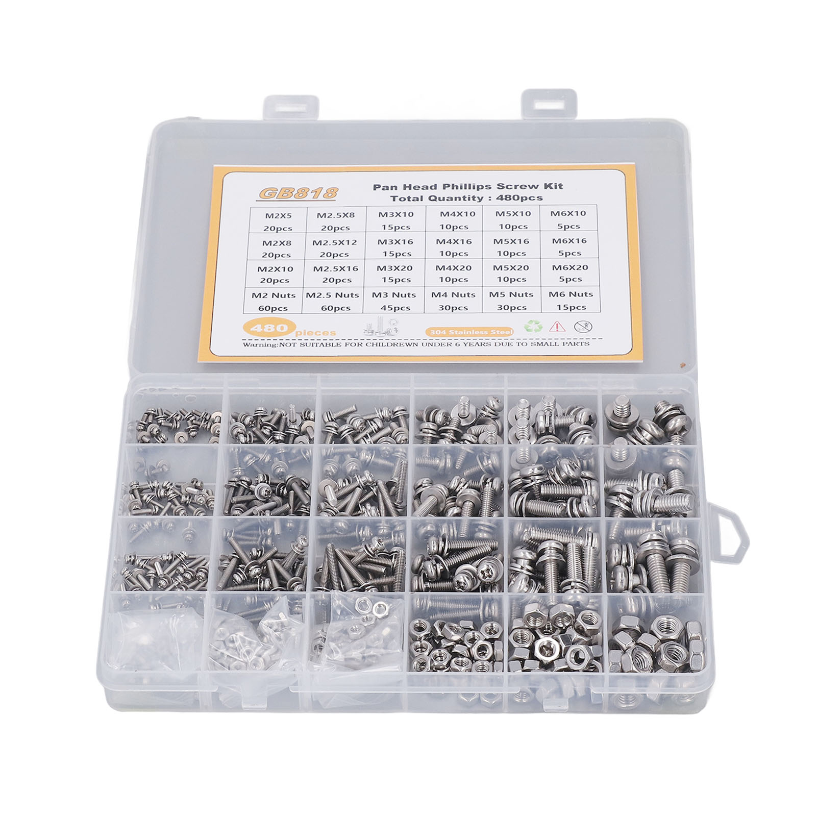 Kit de vis à tête cylindrique cruciforme 480 pièces Kit d'assortiment de vis, écrous et ...