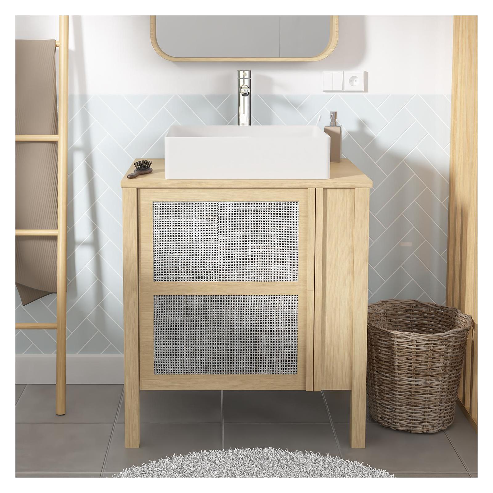 Meuble simple vasque 70cm chêne NESTO porte cannage + vasque + robinet ...