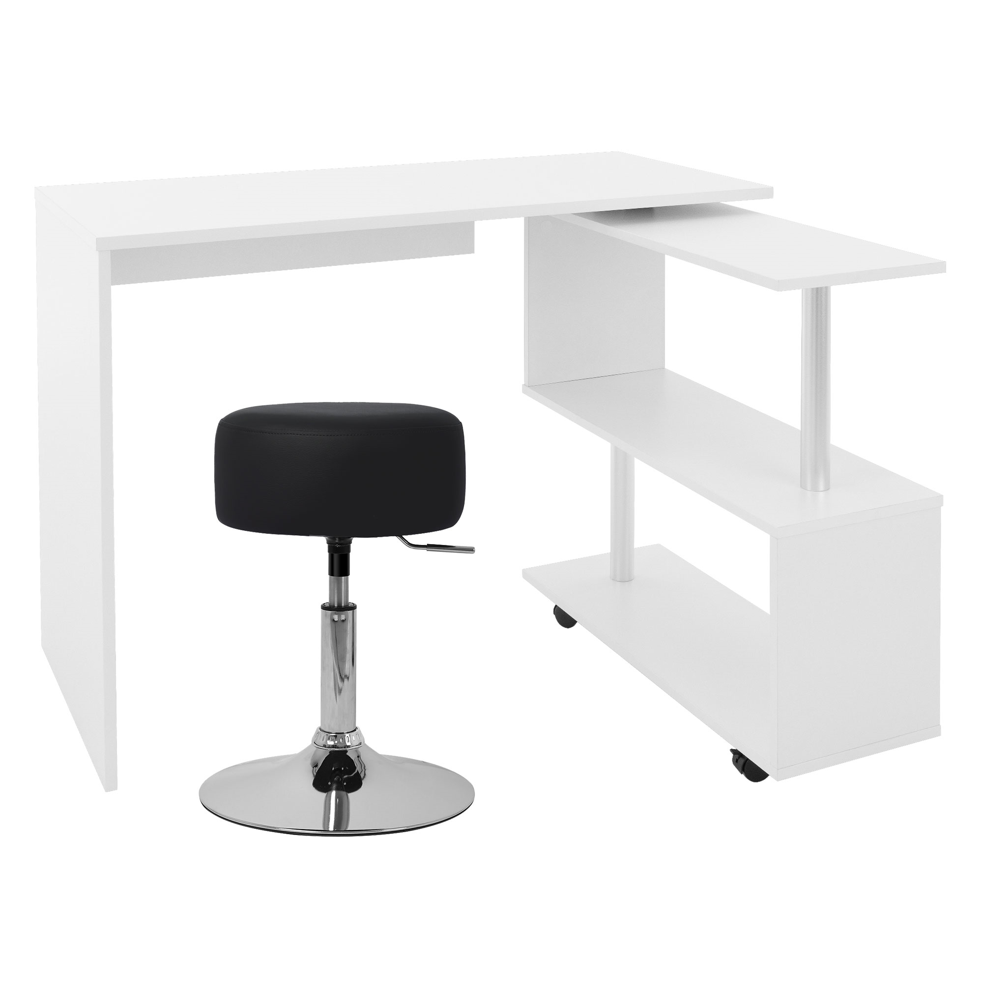 Bureau d'angle pivotant avec tabouret noir table de travail en L blanc ...