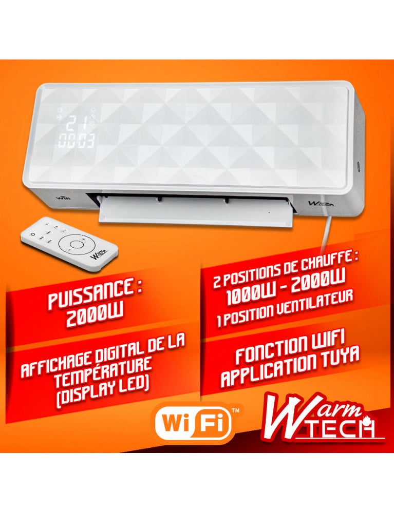 RADIATEUR CÉRAMIQUE MURAL 2000W AVEC TÉLÉCOMMANDE ET CONNEXION WIFI - WARMTECH | Leroy Merlin