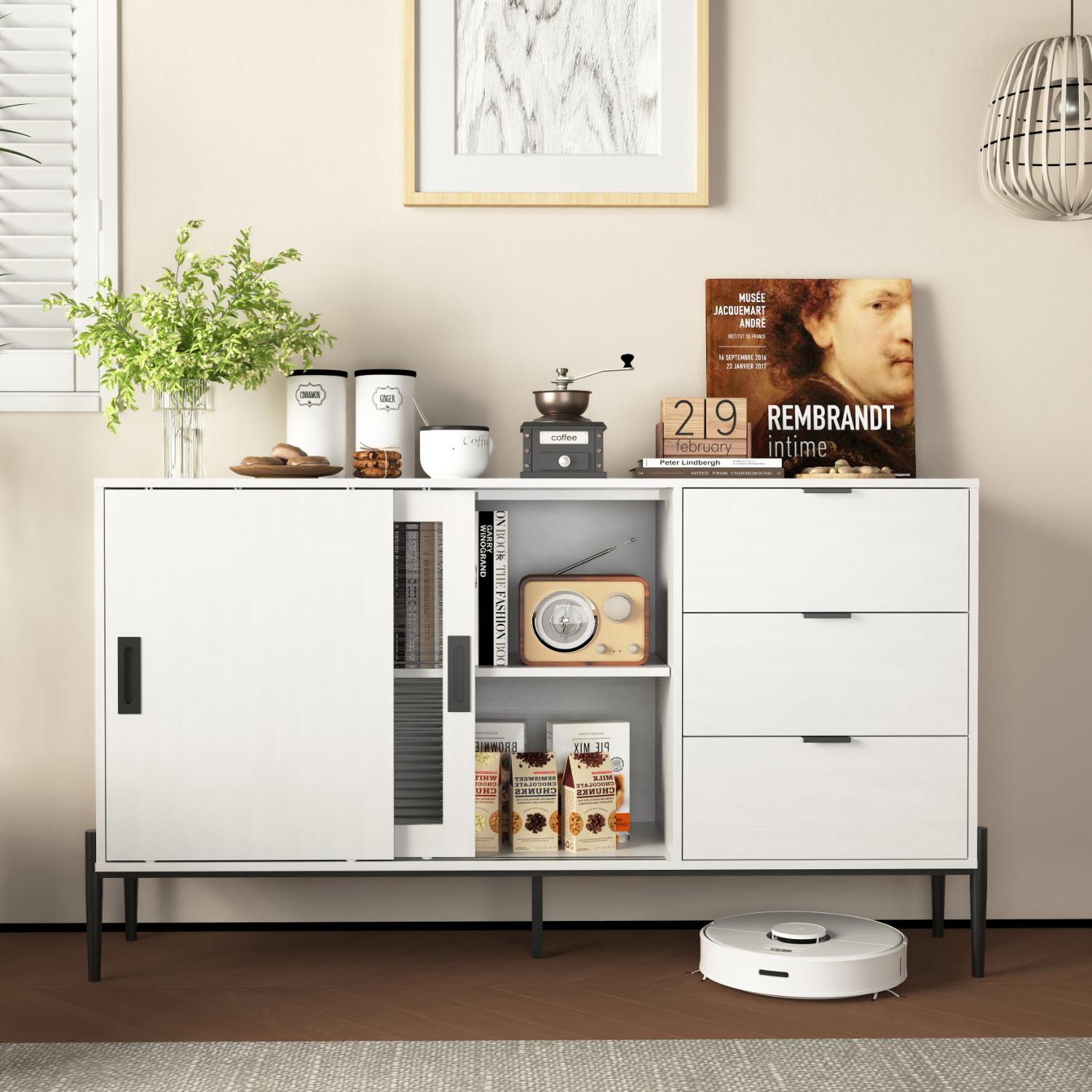 Buffet moderne blanc avec portes en verre cannelé et 3 tiroirs, meuble ...