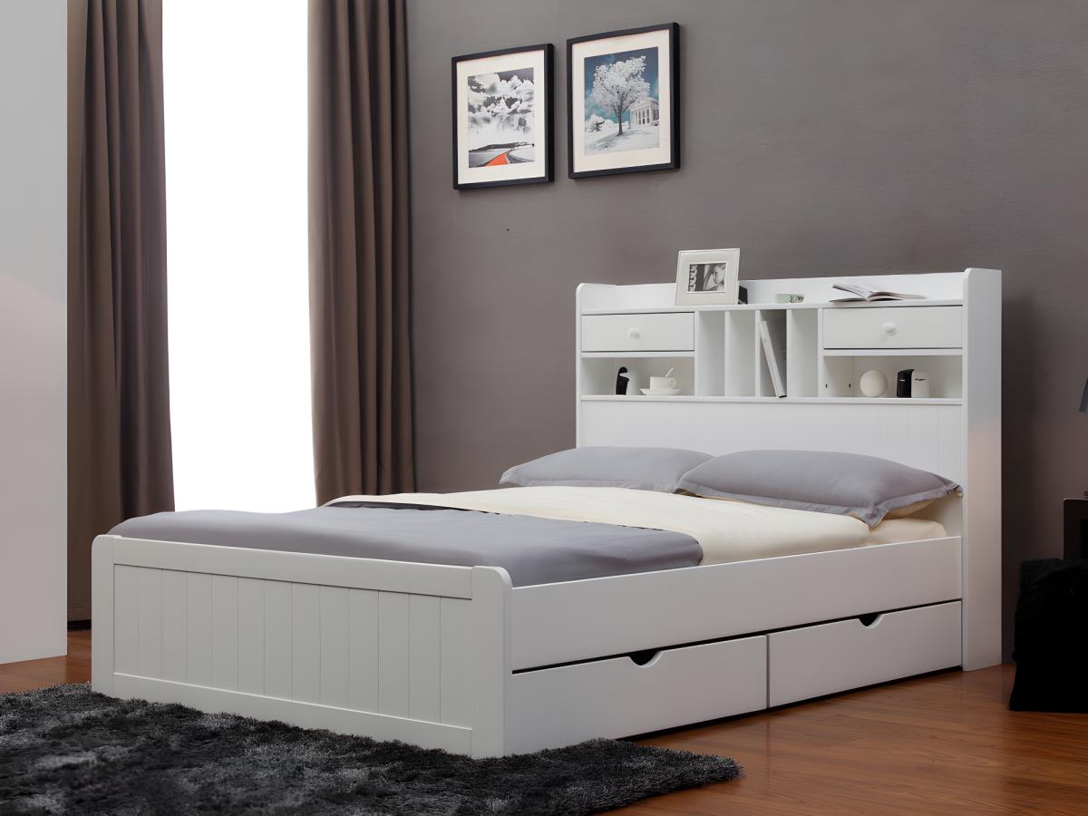 Lit avec rangements 140 x 190 cm - Pin - Blanc + Sommier - MEDERICK ...