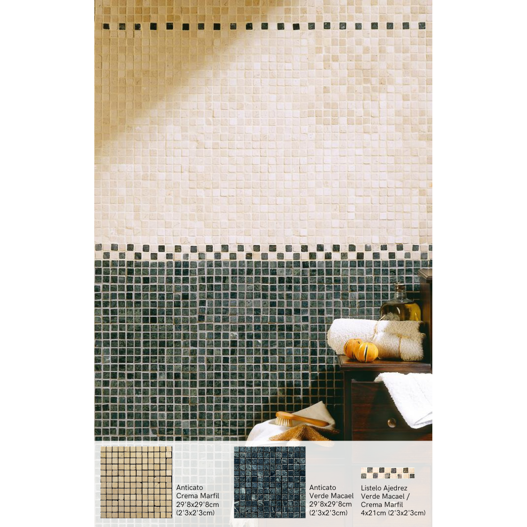 Pierre naturelle LISTEL AJEDREZ 5x20cm VERT MACAEL ET CRÈME MARFIL. 1m ...