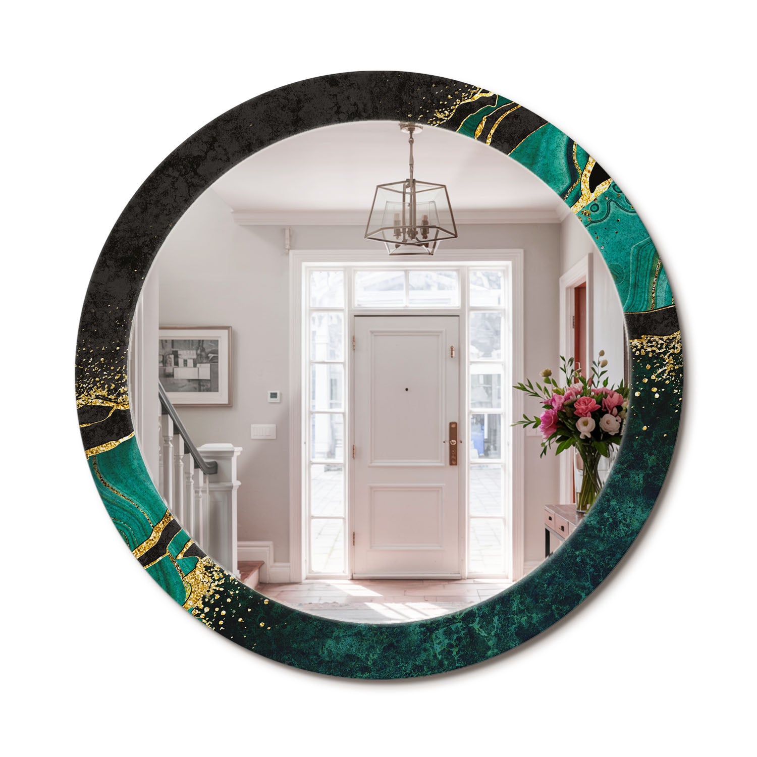 Miroir rond moderne avec cadre en verre trempé design Marbre vert foncé ...