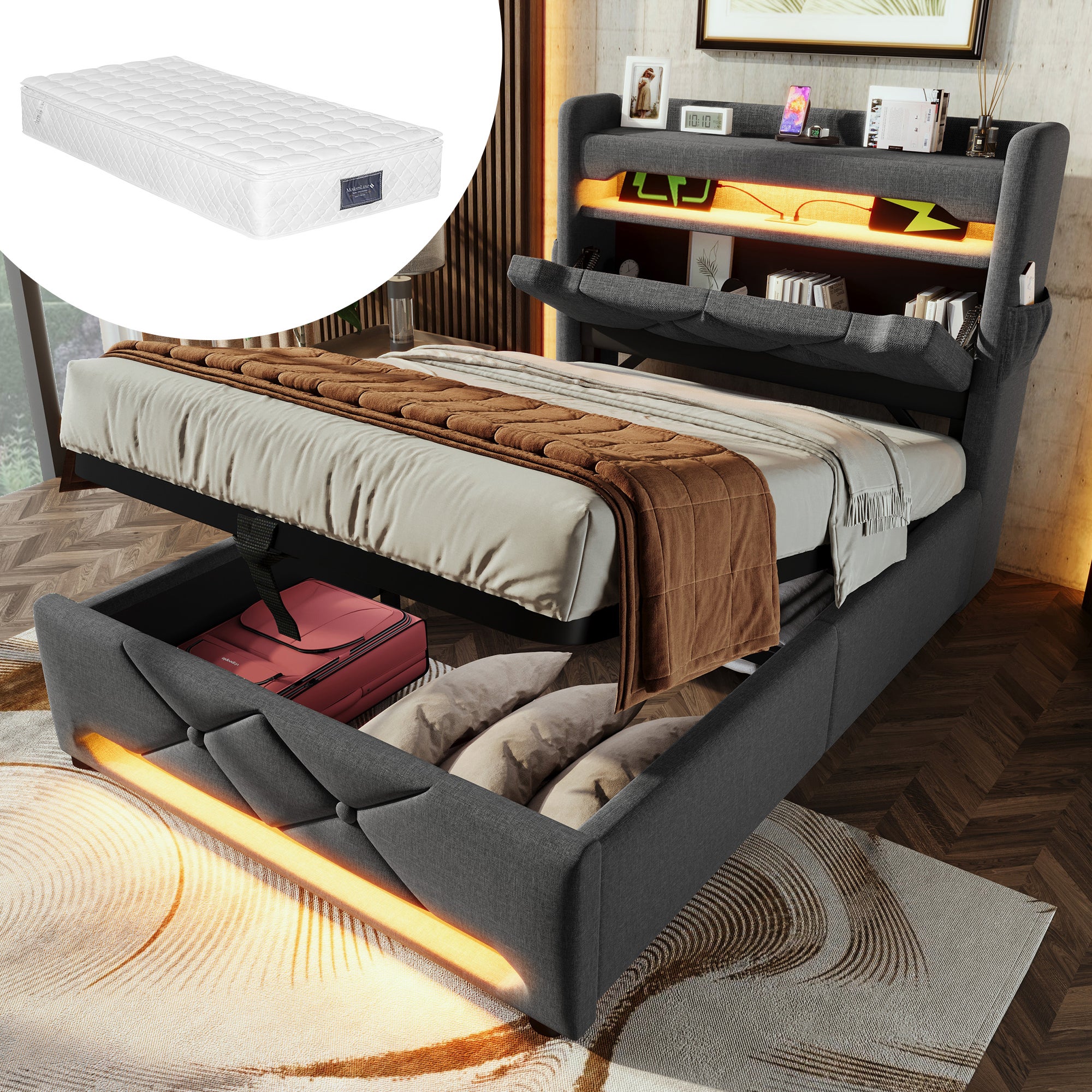 Lit simple rembourré 90*200, tête de lit avec rangement, port USB et ...