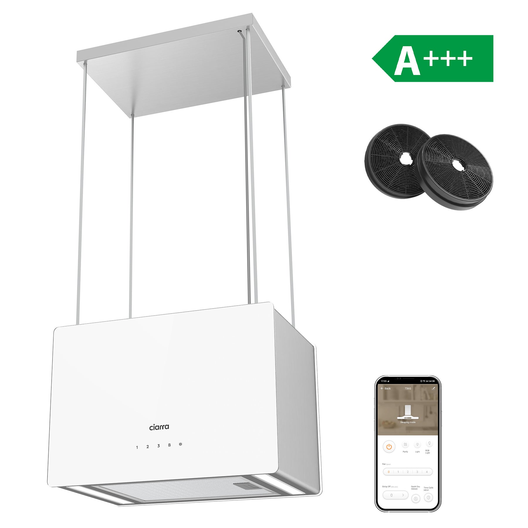 CIARRA Hotte ilot 48cm 700m3/h Booster Classe A+++ Wi-Fi & Tactile 4 ...