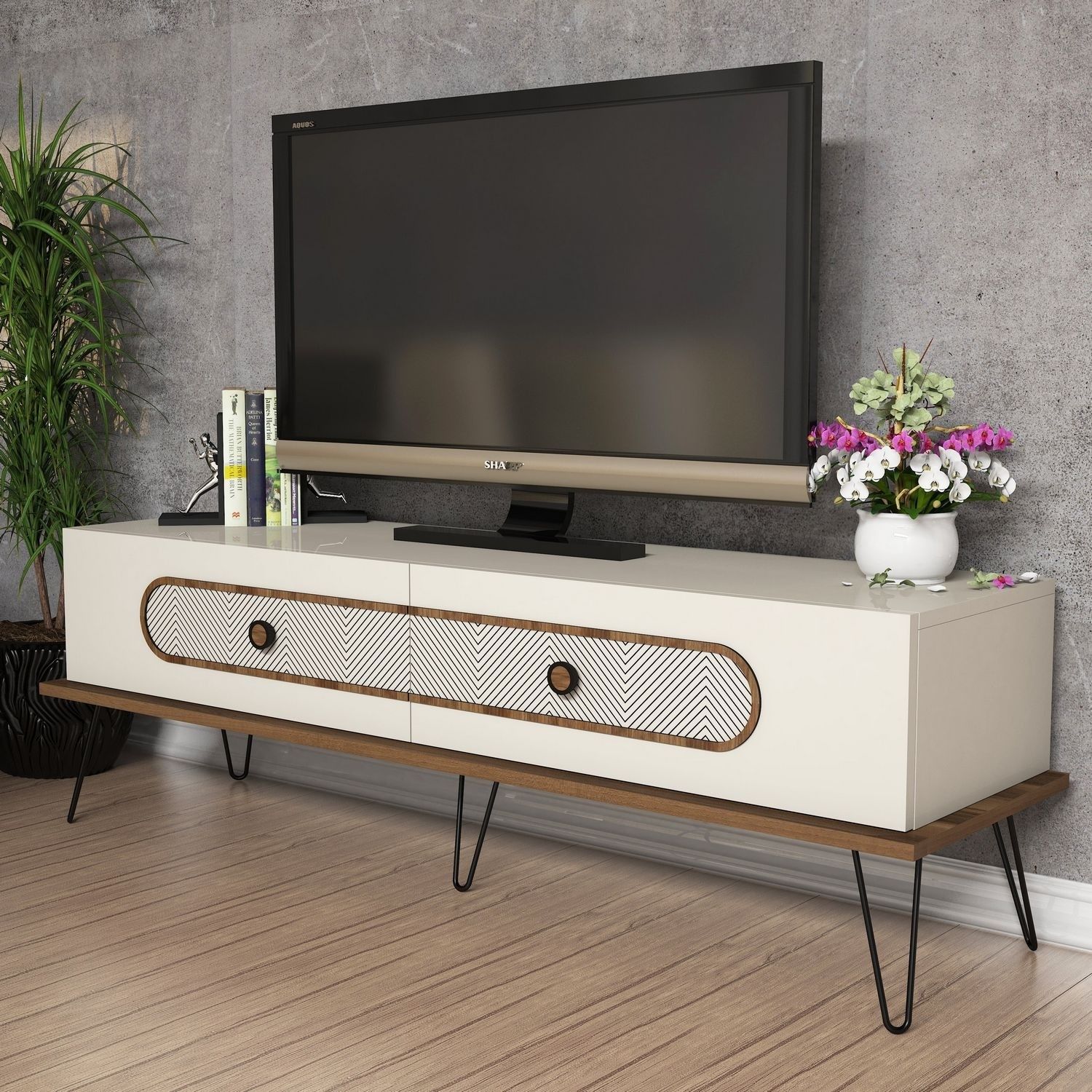 Meuble TV Dover L145cm Bois foncé et Blanc crème | Leroy Merlin