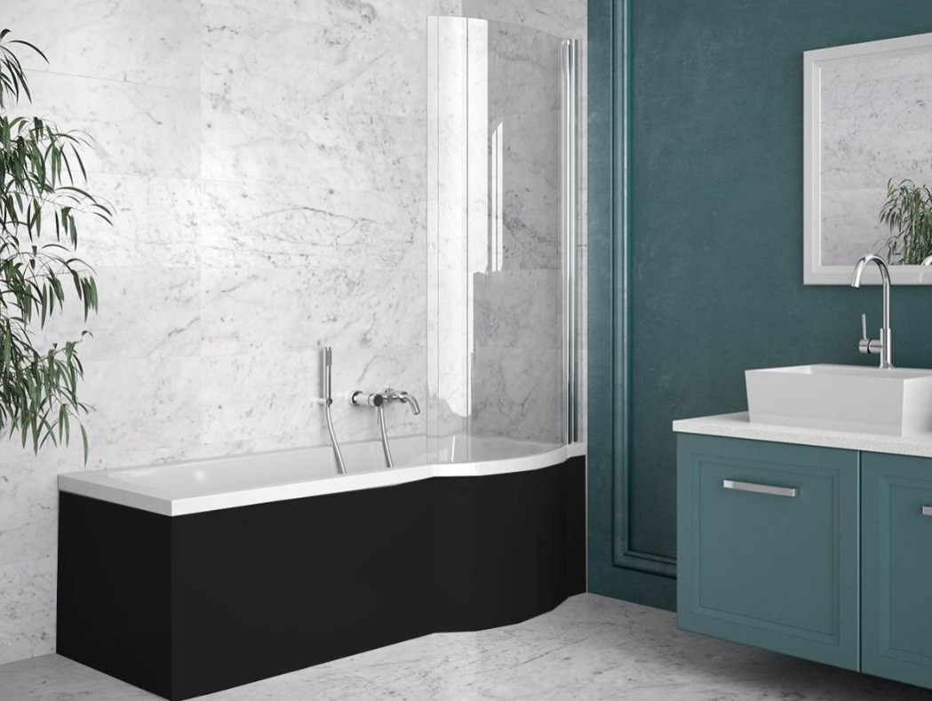 Baignoire d'angle asymétrique INSPIRO tablier noir 150 cm + pare baignoire - Angle: Droit ...