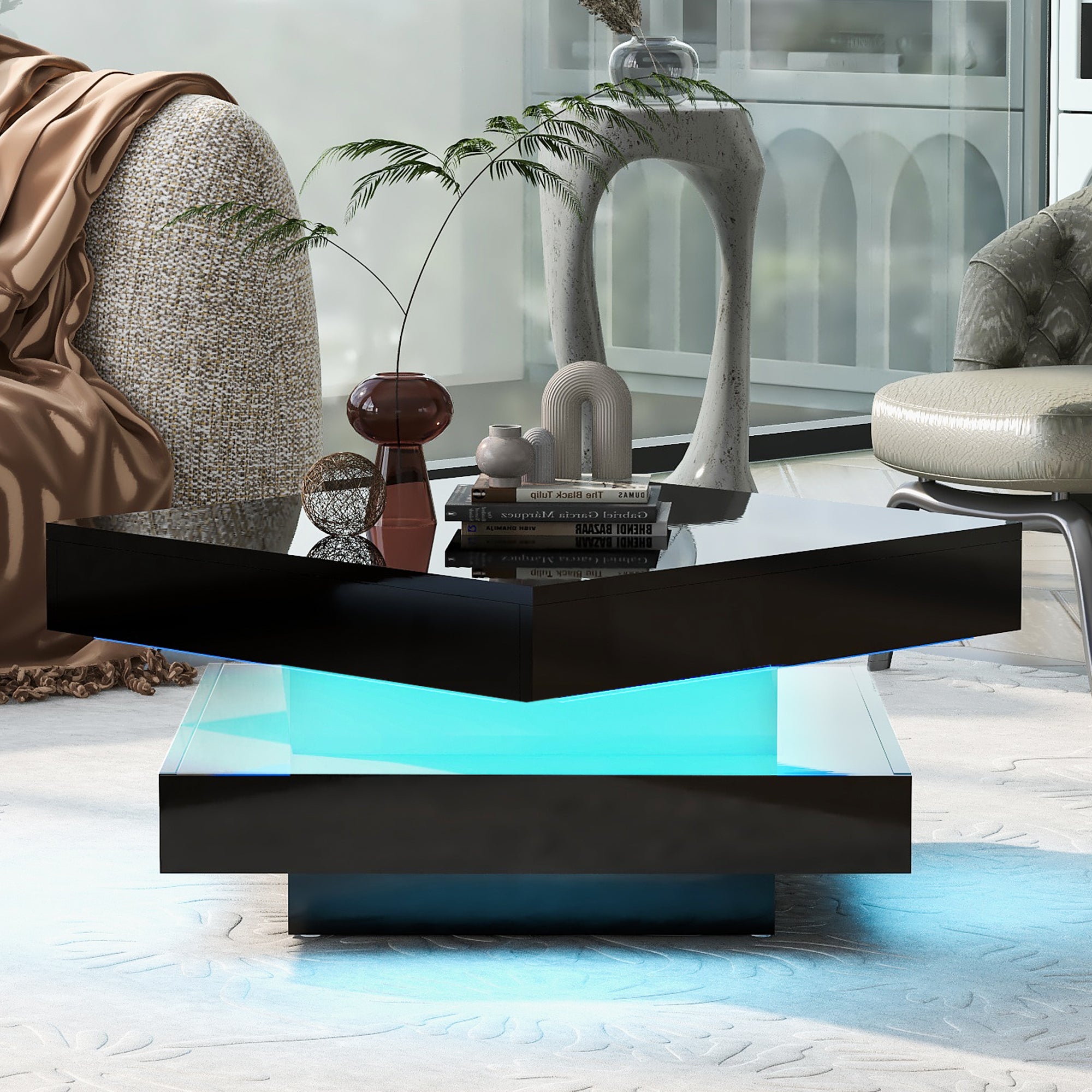 Table basse carrée noire brillante avec plateau rotatif 360°, LED 16 ...