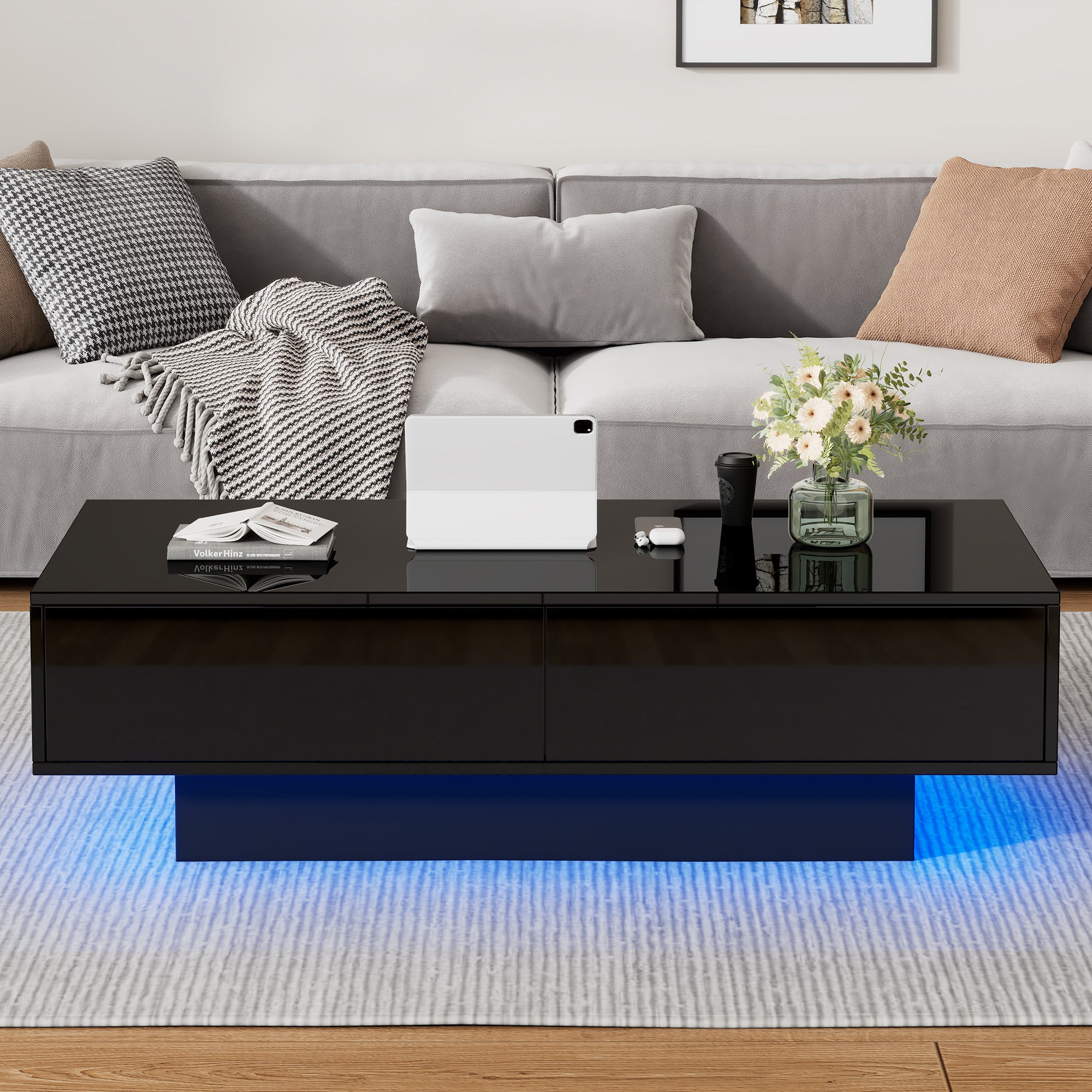 Table basse moderne 115 x 55 x 34 cm – Avec 2 tiroirs, éclairage LED et ...