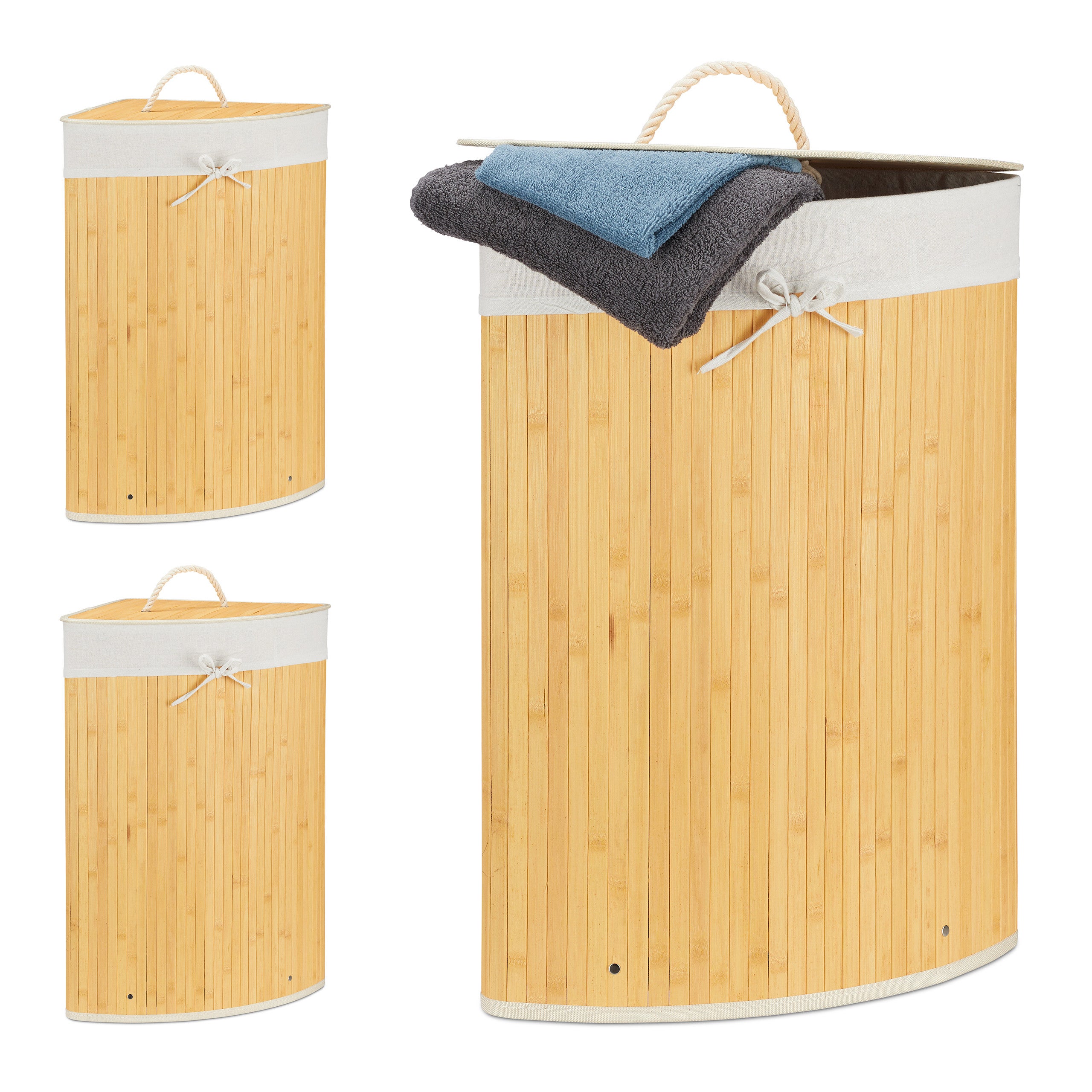 Panier à linge bambou, lot de 3, corbeille linge pliante, 60 L, sac ...