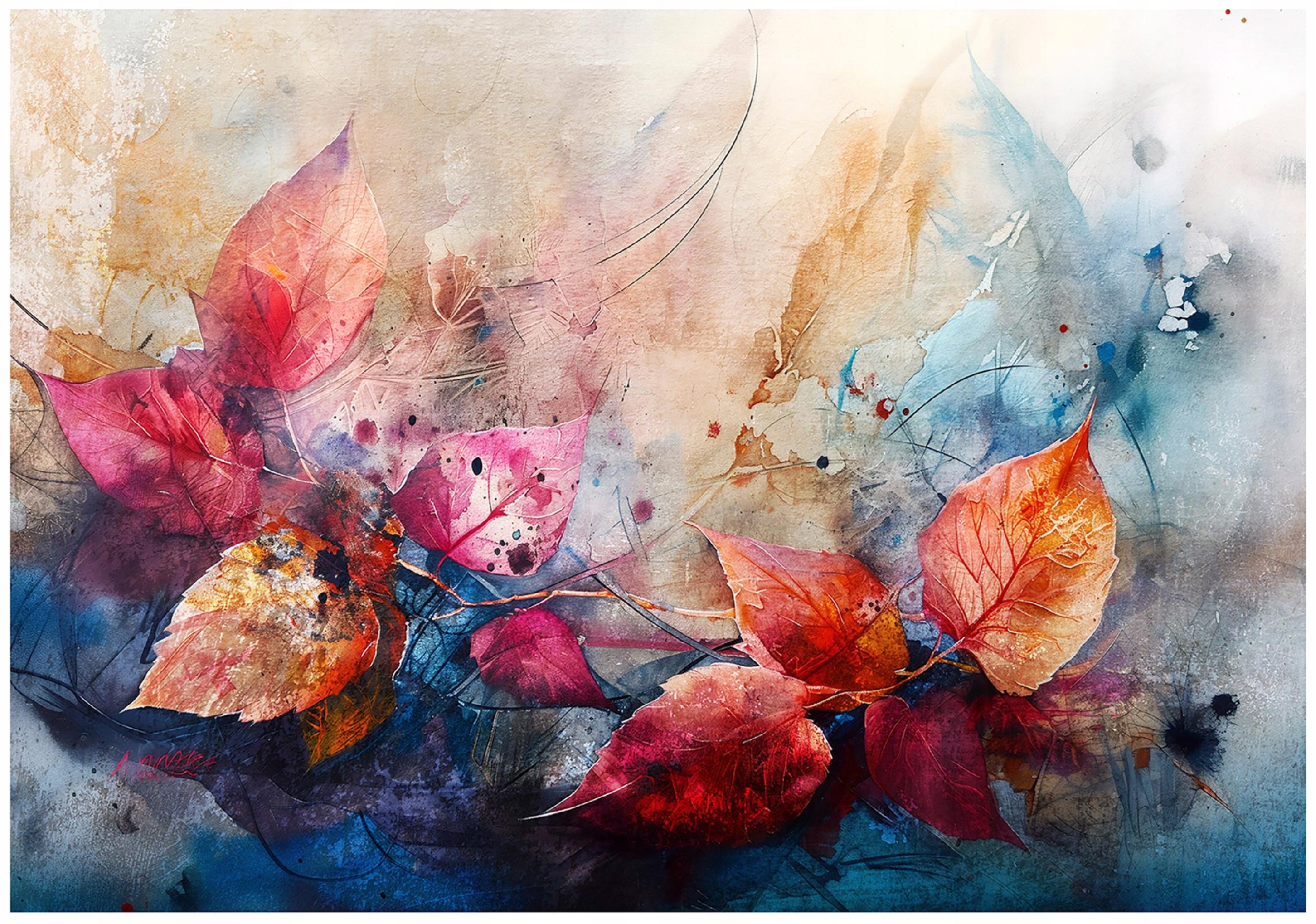 Papier Peint Abstrait Coloré Aquarelle Feuilles Panoramique Intissé ...