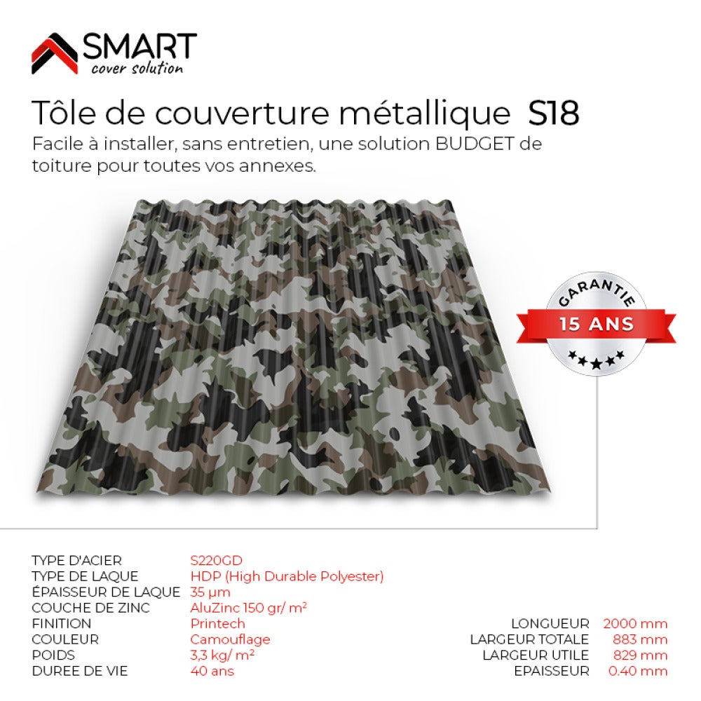 Tôle de couverture S18 Coloris Camouflage Printech Dimensions ...