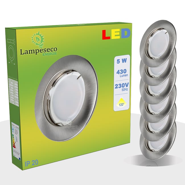 Lot De 6 Spot Led Encastrable Complete Alu Brossé Lumière Blanc Chaud