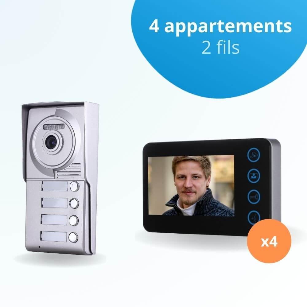Portier interphone vidéo neo 2 fils - 4 appartements - 4 écrans noirs ...