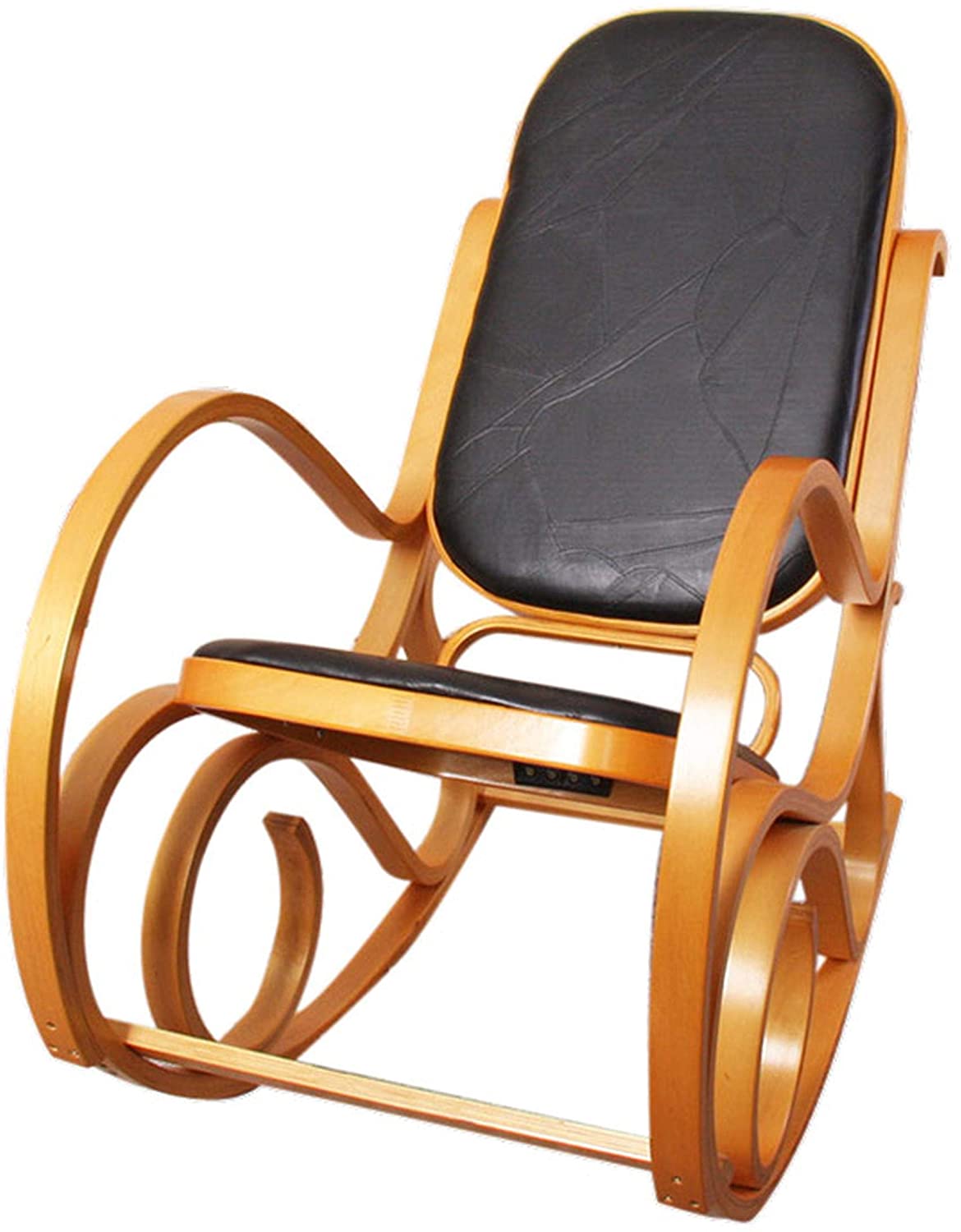 Fauteuil à bascule rocking chair en bois clair assise en cuir noir ...