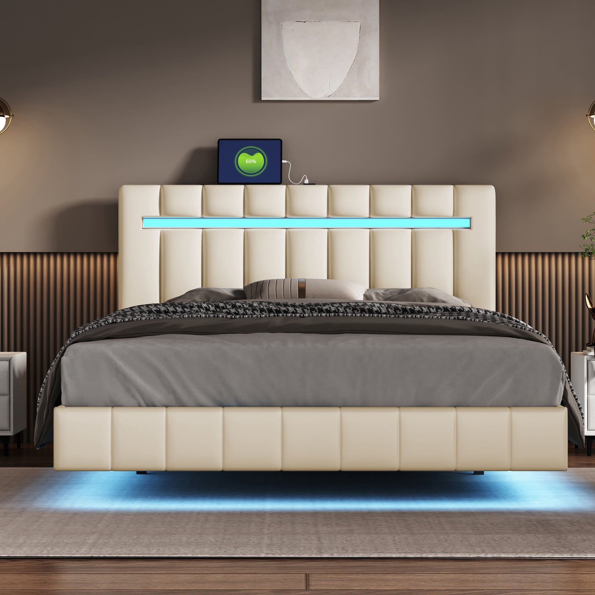 Lit double rembourré en lin - 140x200cm - lit flottant avec éclairage ...