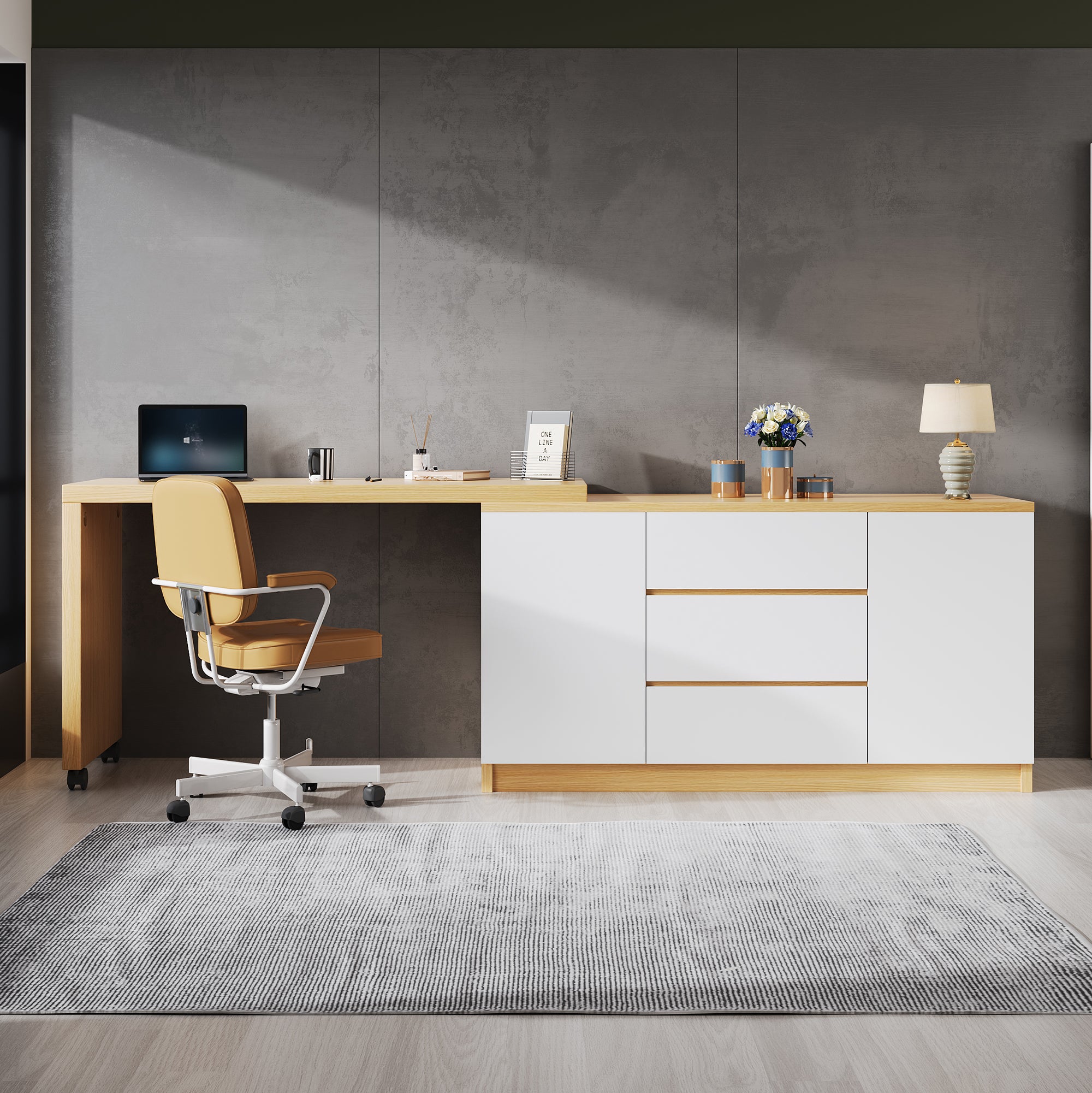 Bureau d'angle 120x50x76.5 cm - Plateau pivotant à 360° - 3 tiroirs et ...