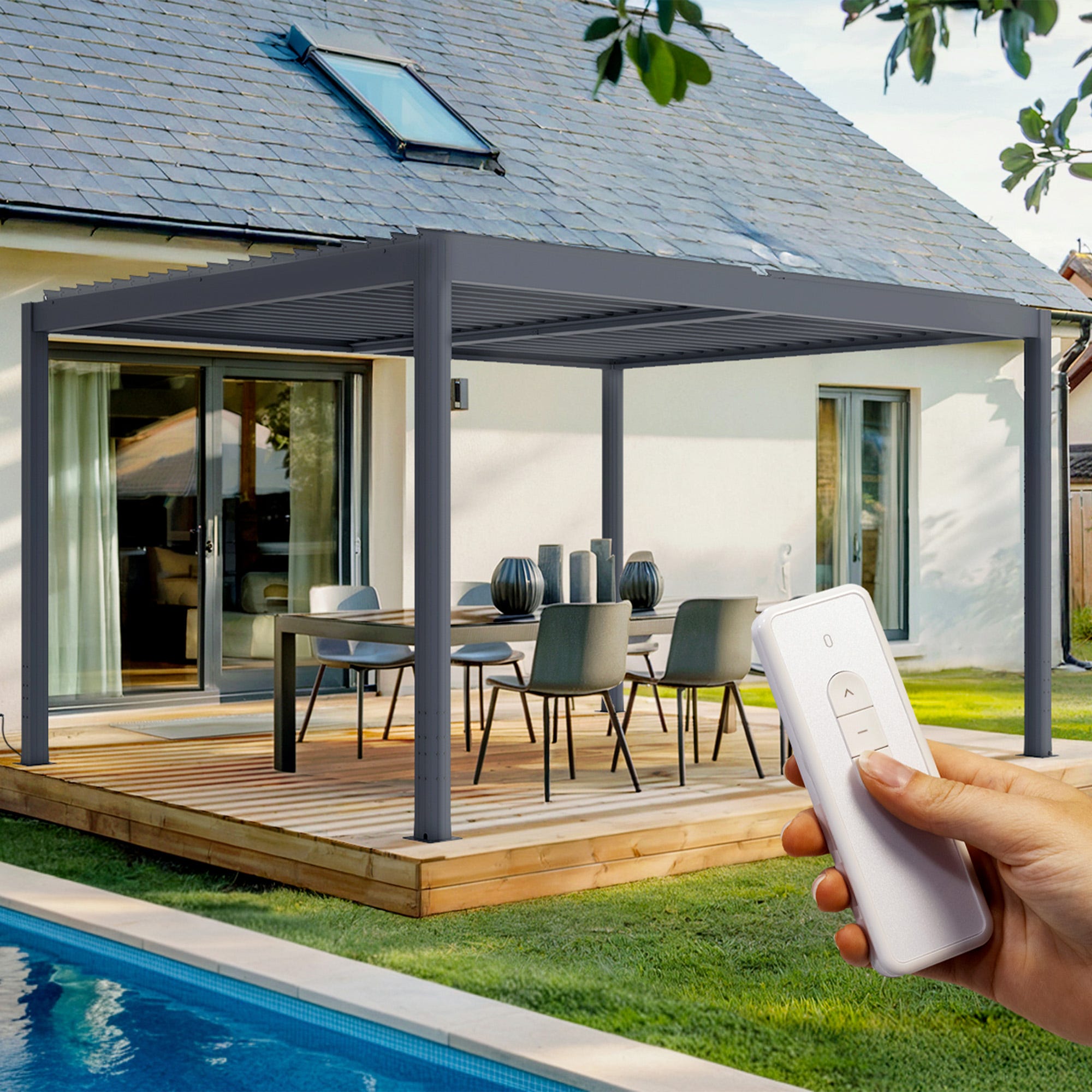 Pergola lectrique Bioclimatique SANTA 4x3m Aluminium Gris Lames pergola-lectrique-bioclimatique-santa-4x3m-aluminium-gris-lames