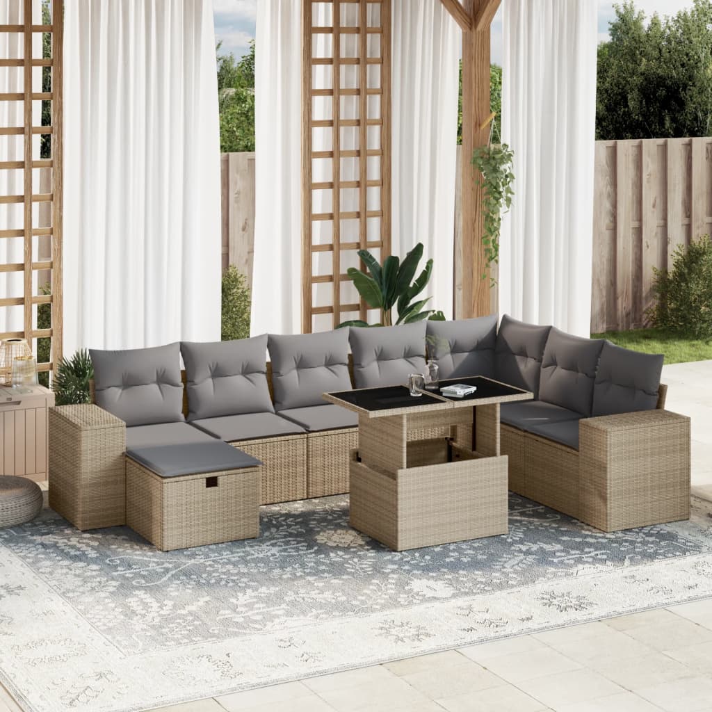 Set de sofás de jardín 9 pzas con cojines ratán sintético beige | Leroy ...