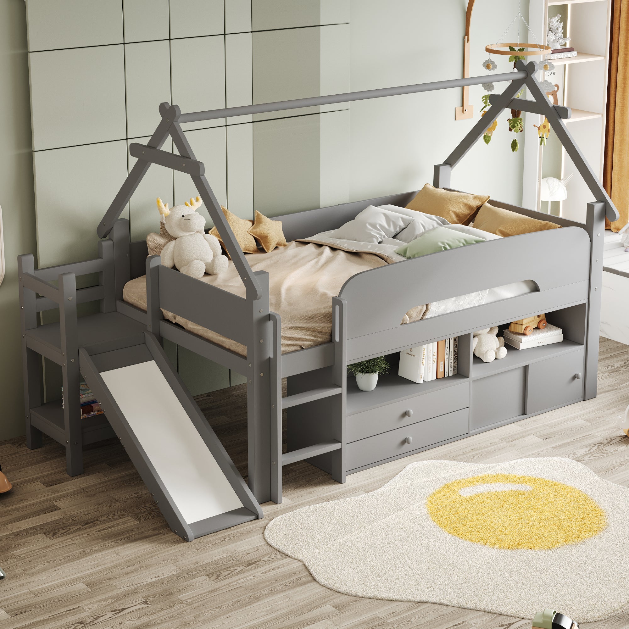Cama casita infantil 90x200 cm - con tobogán de seguridad - con 2 ...