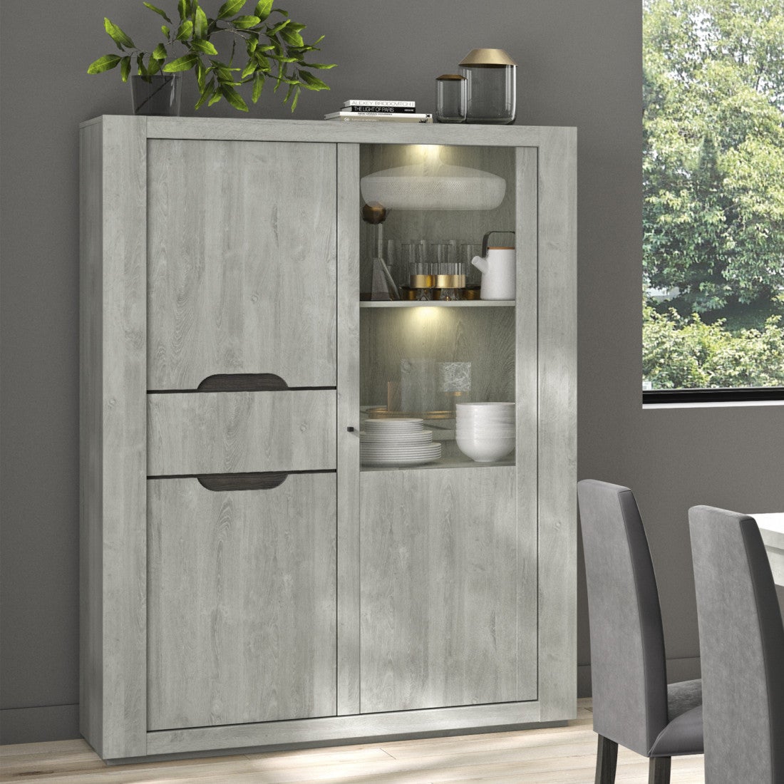 Vaisselier 2 portes Chêne Gris Clair - JEANNETTE | Leroy Merlin