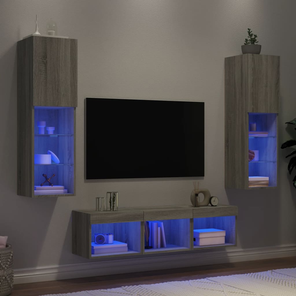 Muebles TV pared con LED 5 pzas madera ingeniería gris | Leroy Merlin