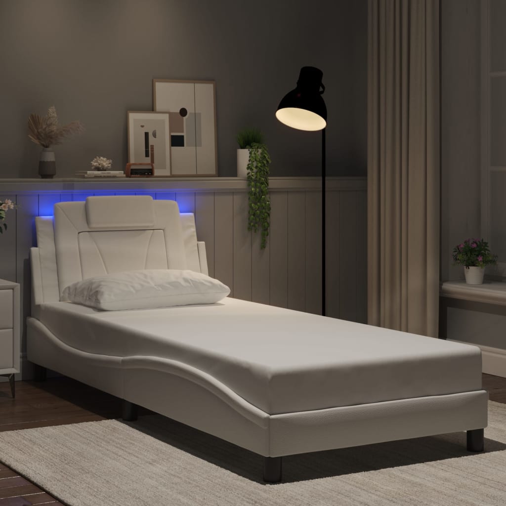 VidaXL Estructura cama con luces LED cuero sintético blanco 90x190 cm ...