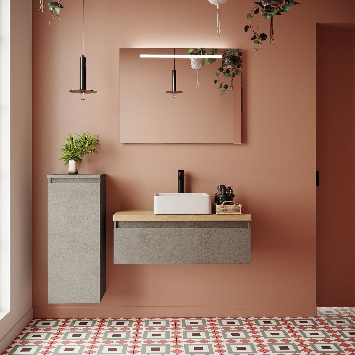 Meuble de salle de bain suspendu vasque à poser 90cm 1 tiroir façon ...