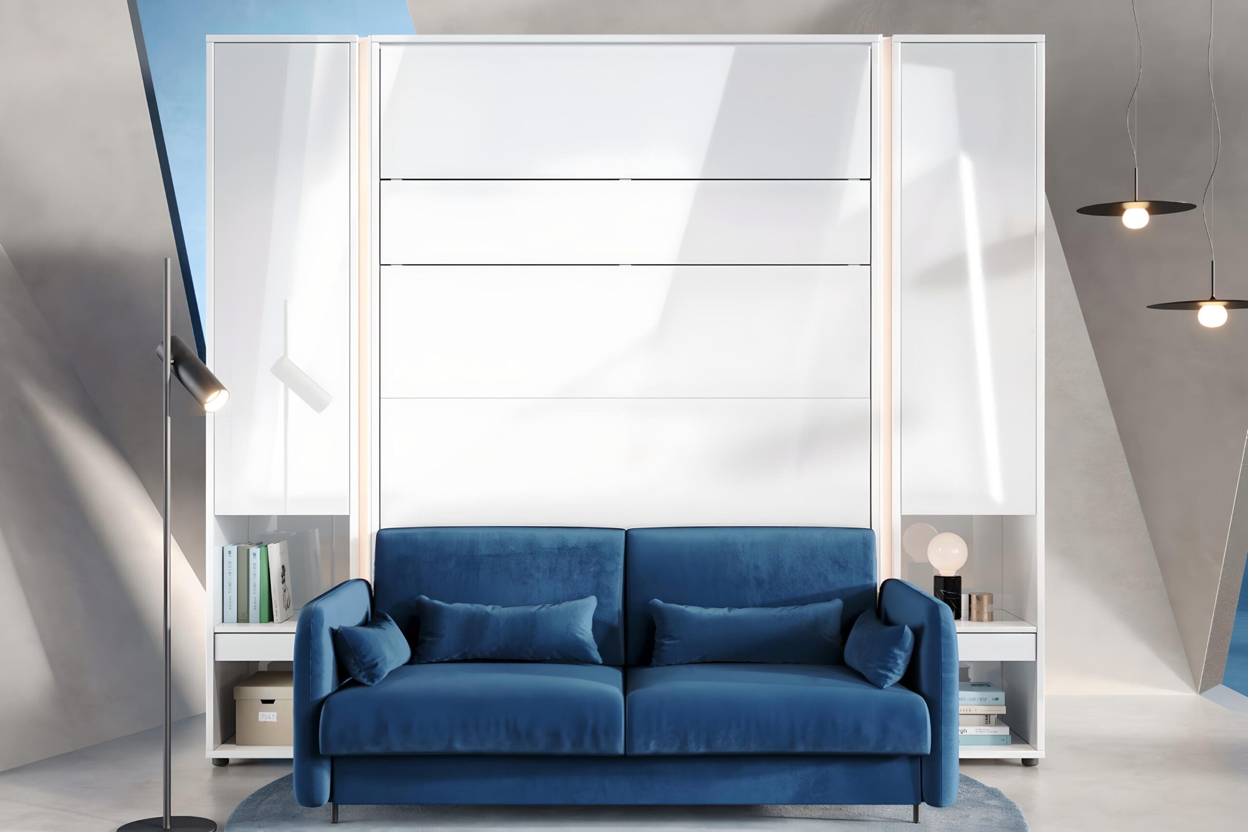 Lit escamotable 160 x 200 cm canapé bleu armoires étagères tête de lit ...