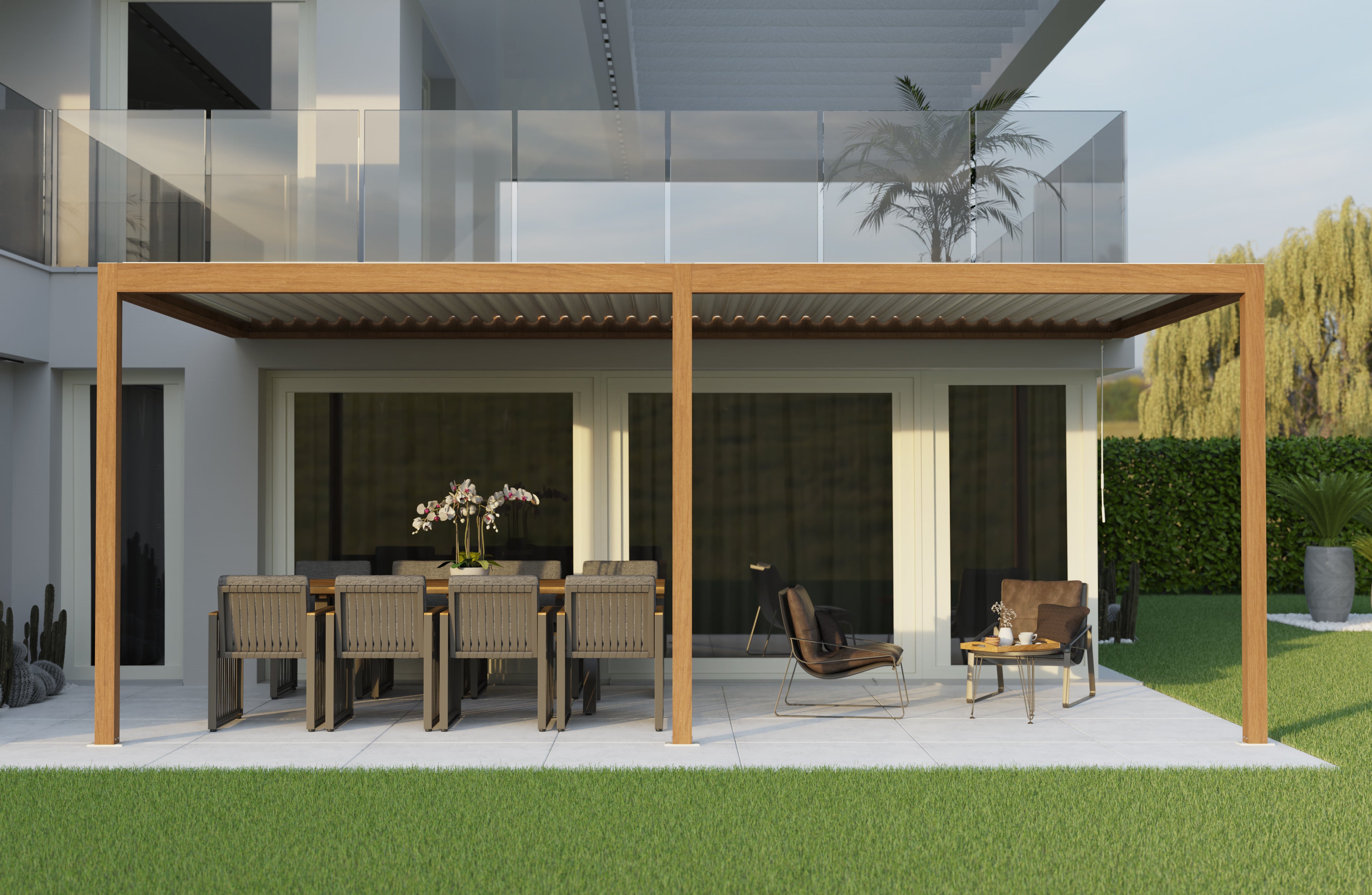 Pergola Bioclimatique Aluminium Adossée Aspect Bois 6x3 Manuelle Caleta ...