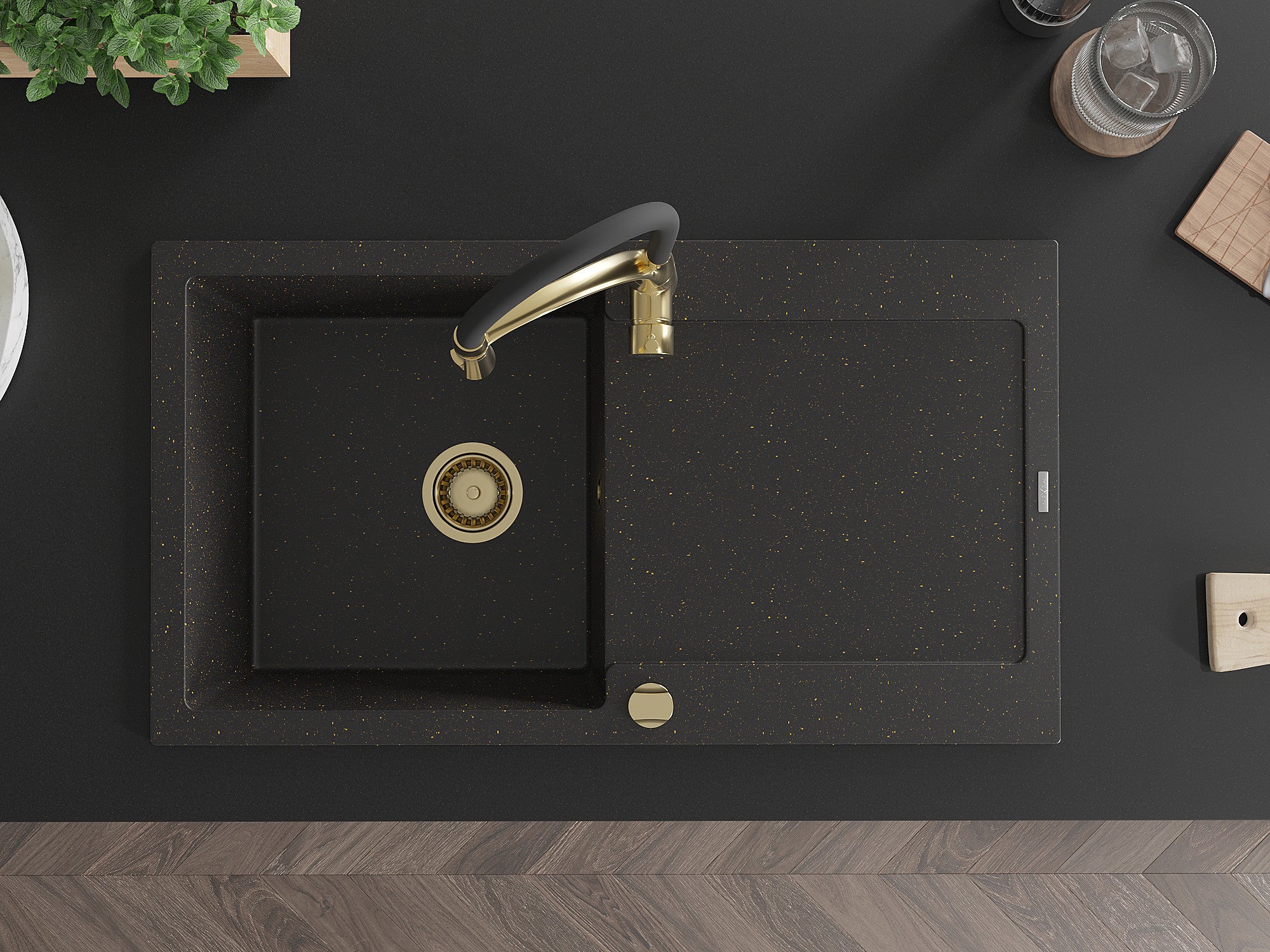 Mexen Leo fregadero de granito de 1 cubeta con escurridor y grifo de ...