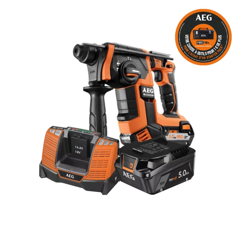 Perforateur burineur AEG 18V SDSPLUS brushless - 2 batteries 5.0Ah - 1 chargeur 80min - BBH ...