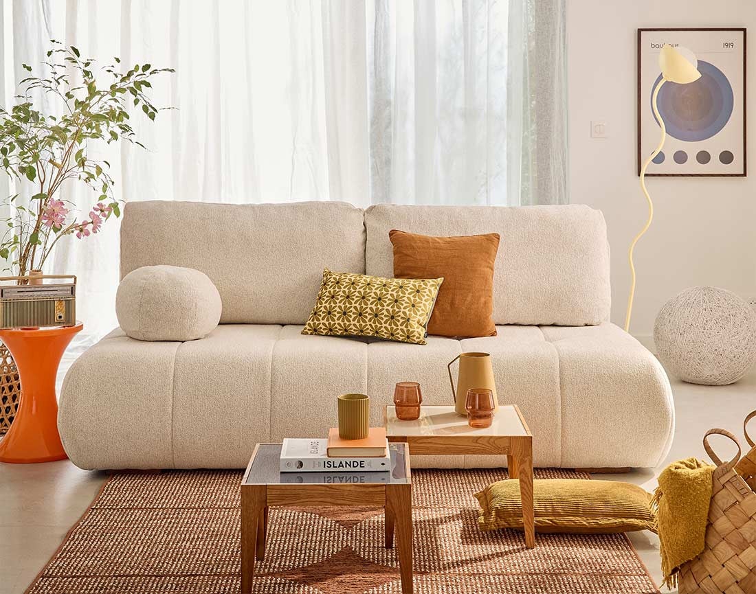 Canapé droit convertible 3 places avec coffre en tissu texturé beige ...