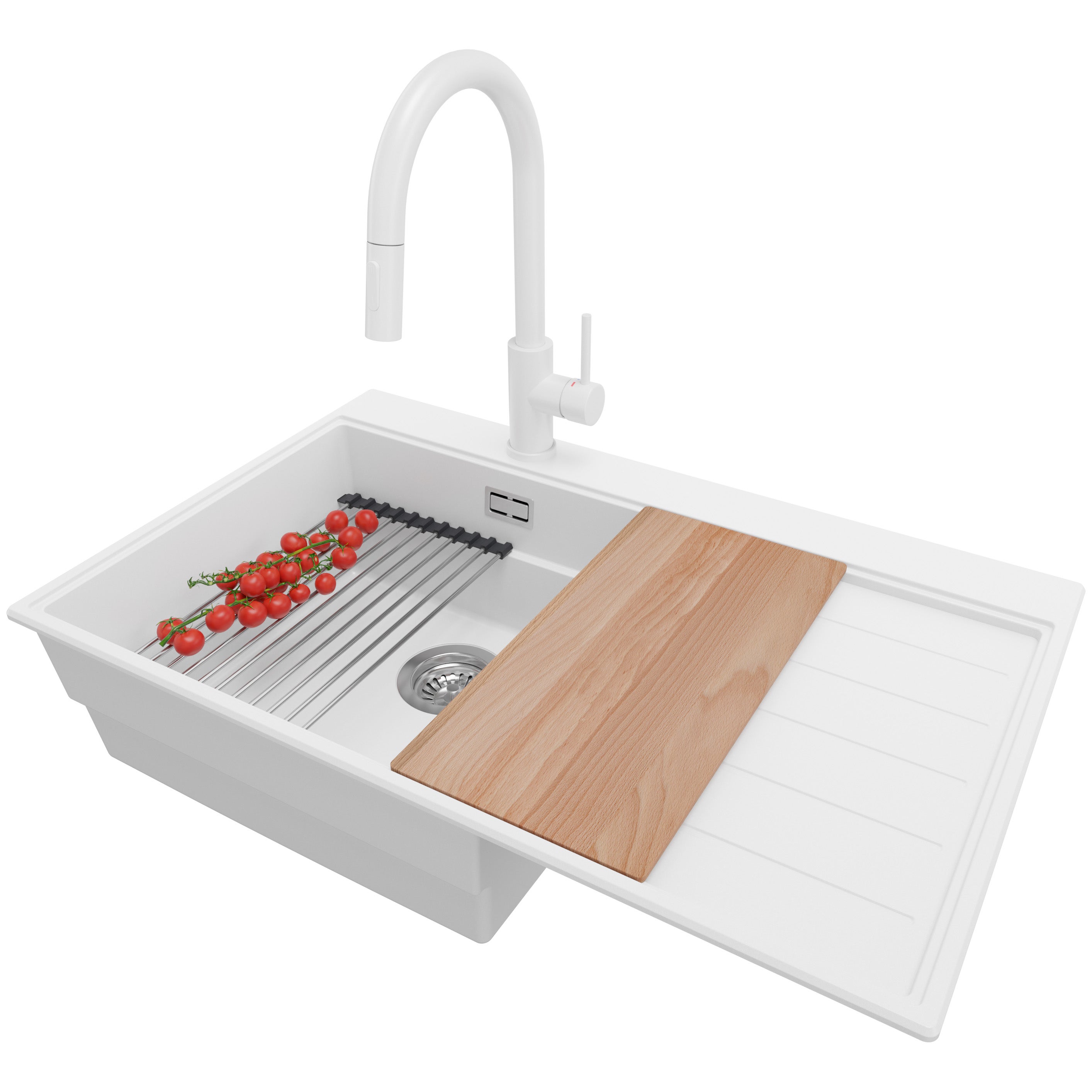 Lavandino da Cucina Bianco 78x50cm, Lavello in Granito a 1 vasca + Sifone Classico + Accessori ...